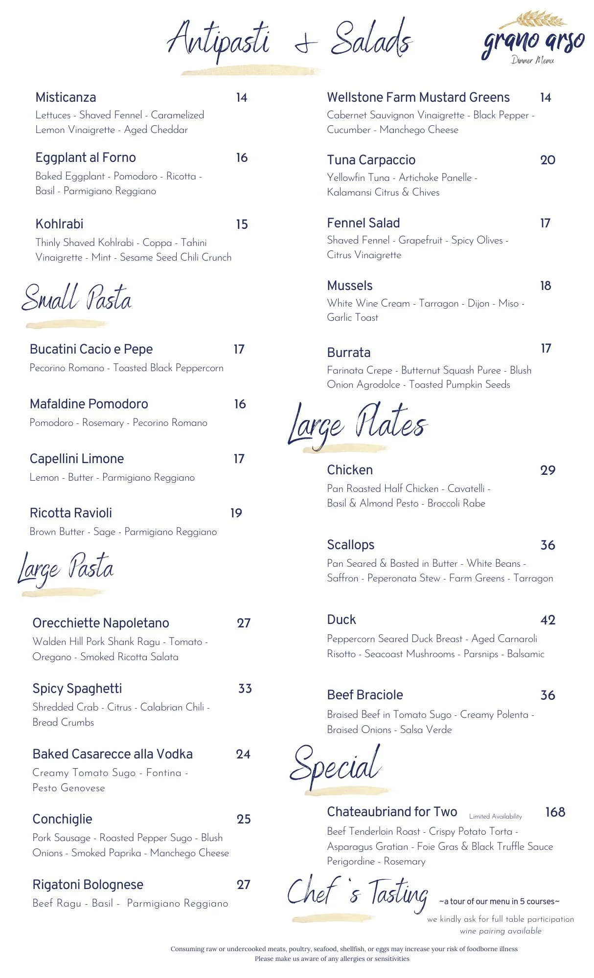 MENU — Grano Arso