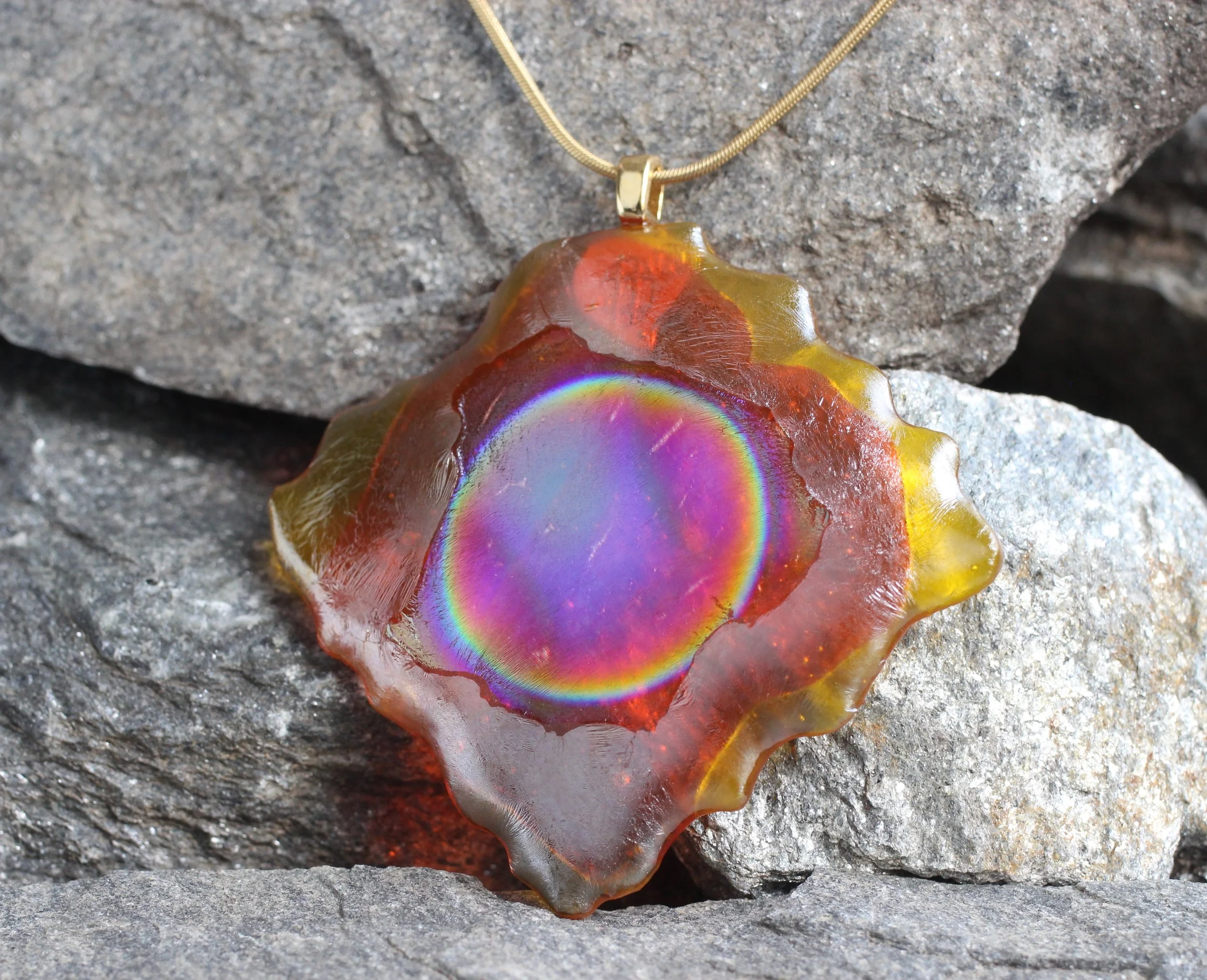 made marian orange dichroic 1- 3/4” glass pendant with 18” gold-filled ...