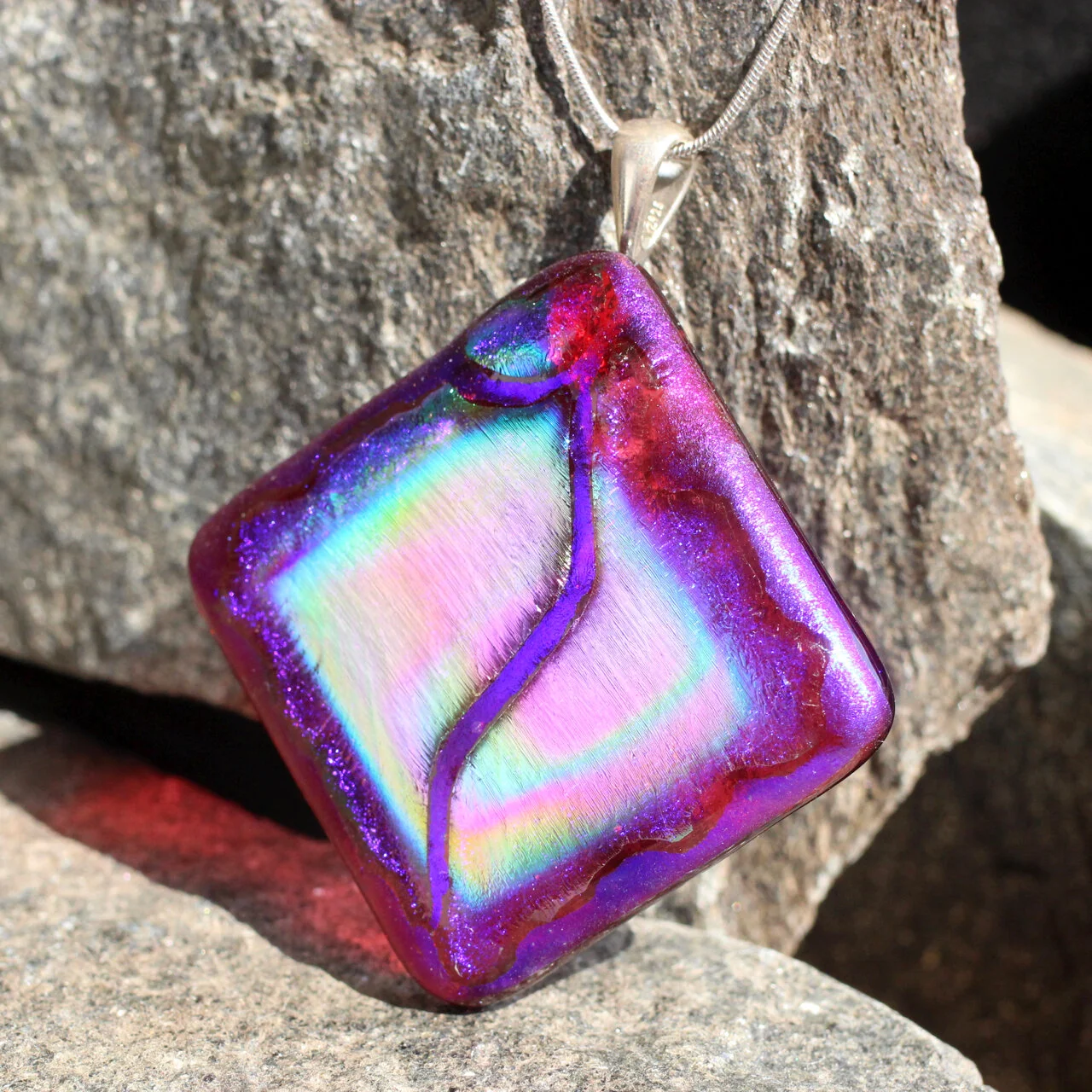 fuchsia sliced ghost pink dichroic 1-1/2” glass pendant with 18 ...