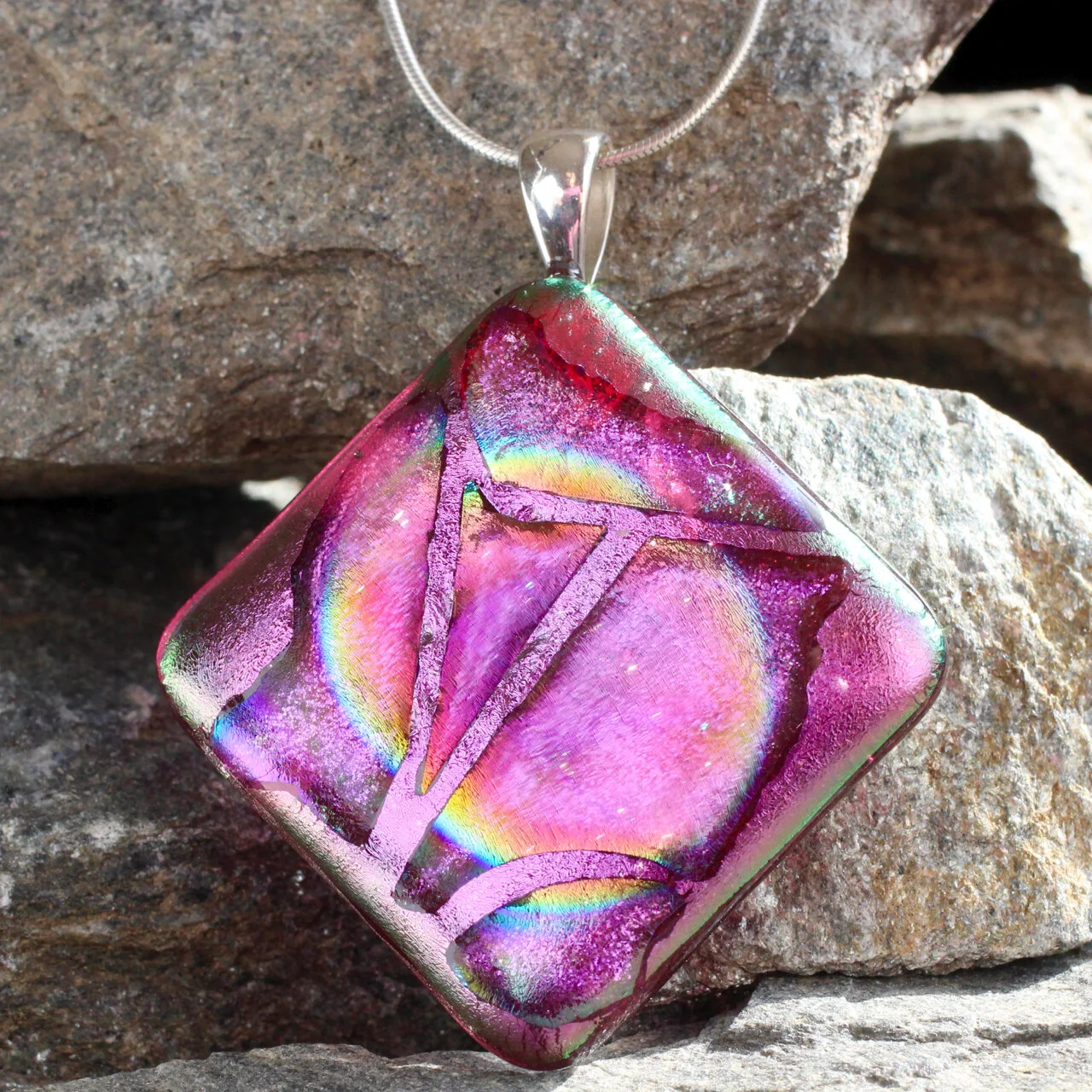 pink diamond ghost dichroic 1-3/8” glass pendant with an 18” sterling ...