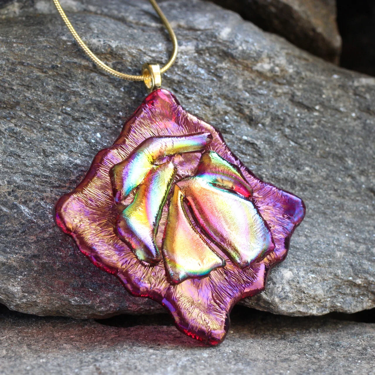 fire sine red 1-3/4” diamond dichroic glass pendant with 18” gold ...