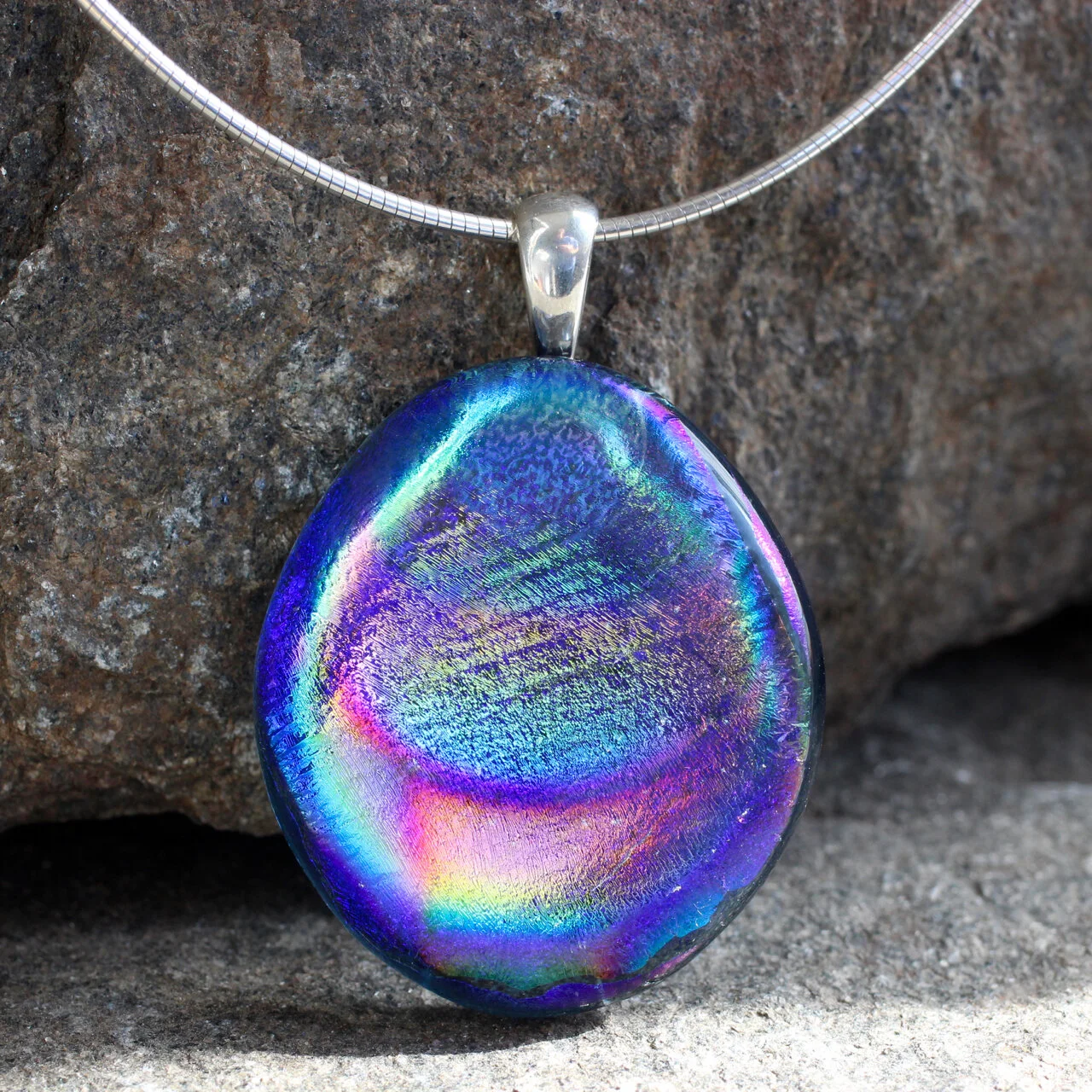 pink diamond ghost dichroic 1-3/8” glass pendant with an 18” sterling ...