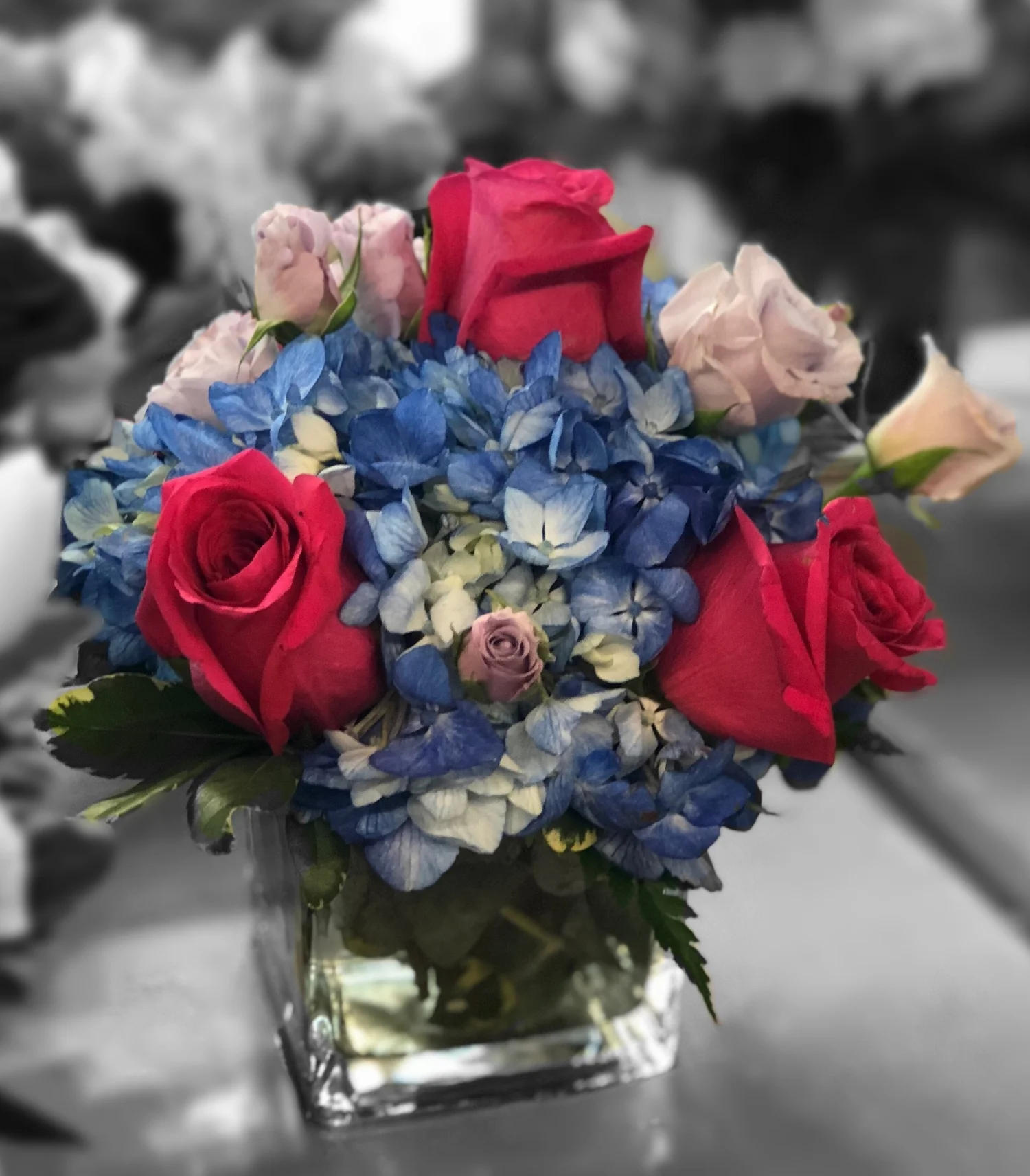 Hydrangea And Red Rose Bouquet