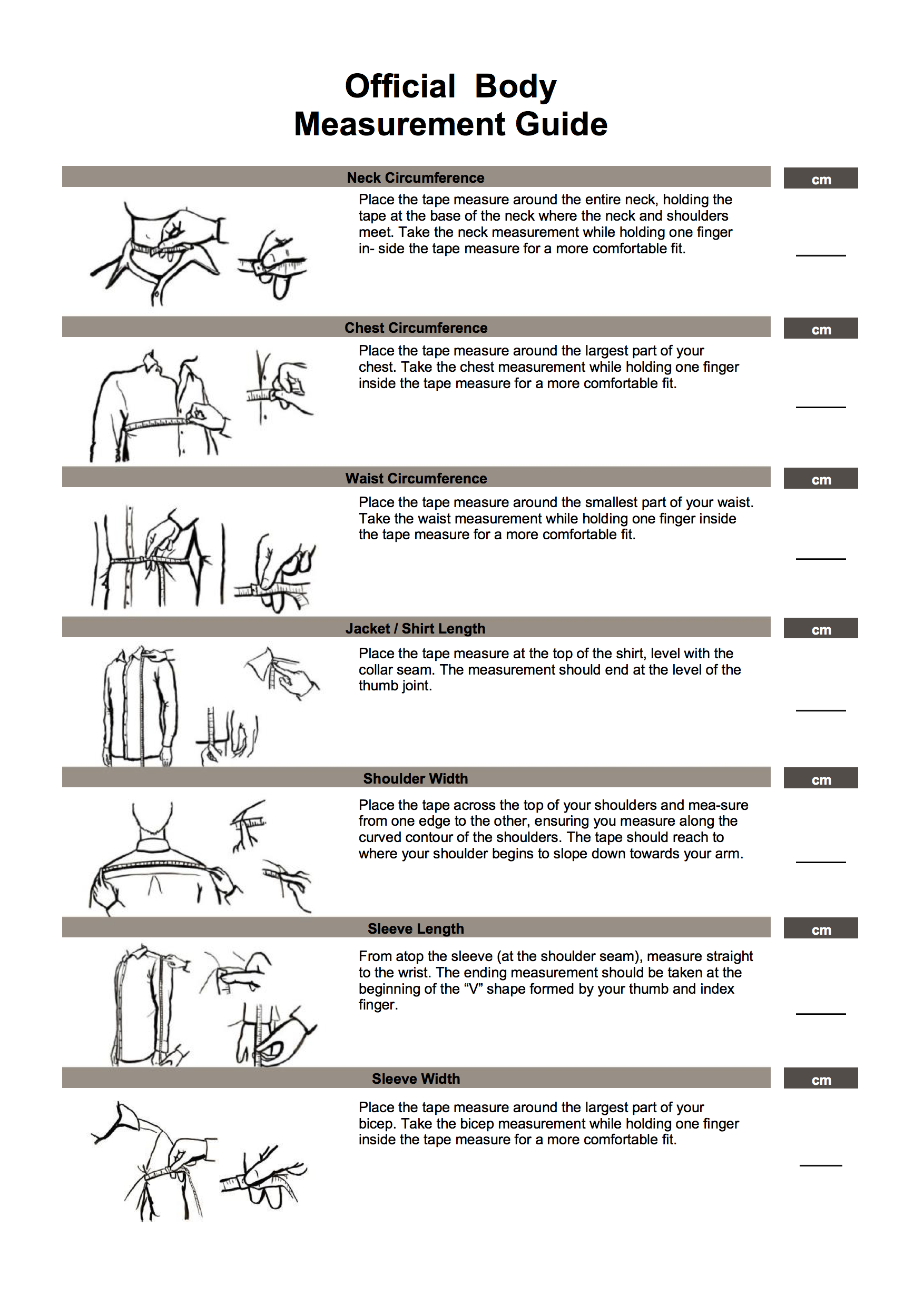 Tailoring Measurements Chart