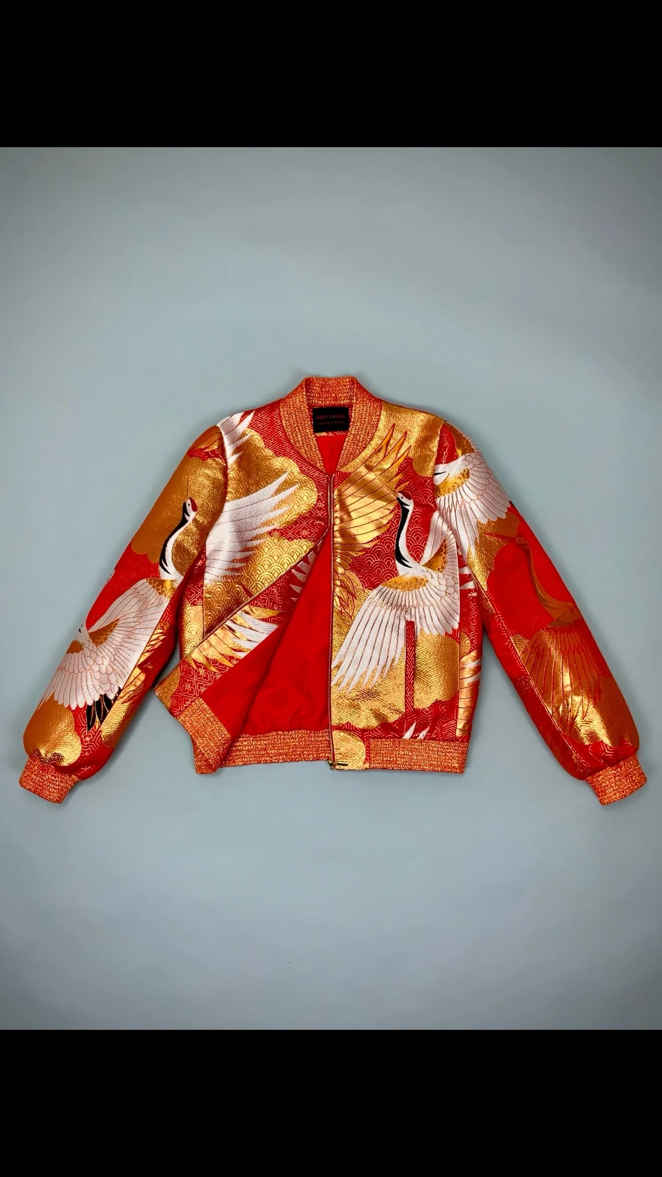 GLITTER GOLD CRANE AND CLOUD BOMBER JACKET