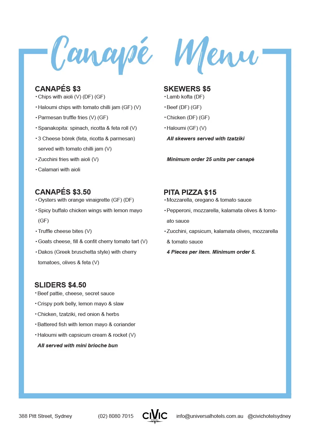 Universal Hotels - Civic Canape Menu