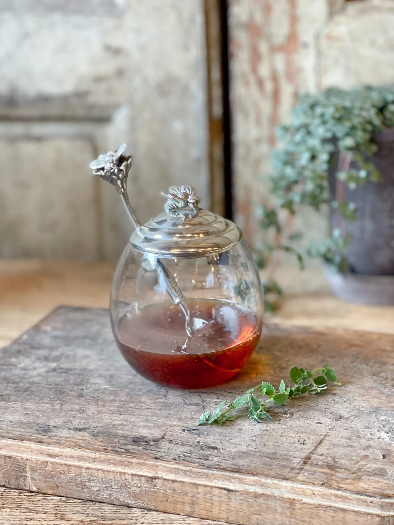 Glass Honey Jar Silver Plated Spoon Set | Bee & Flower Honey Pot