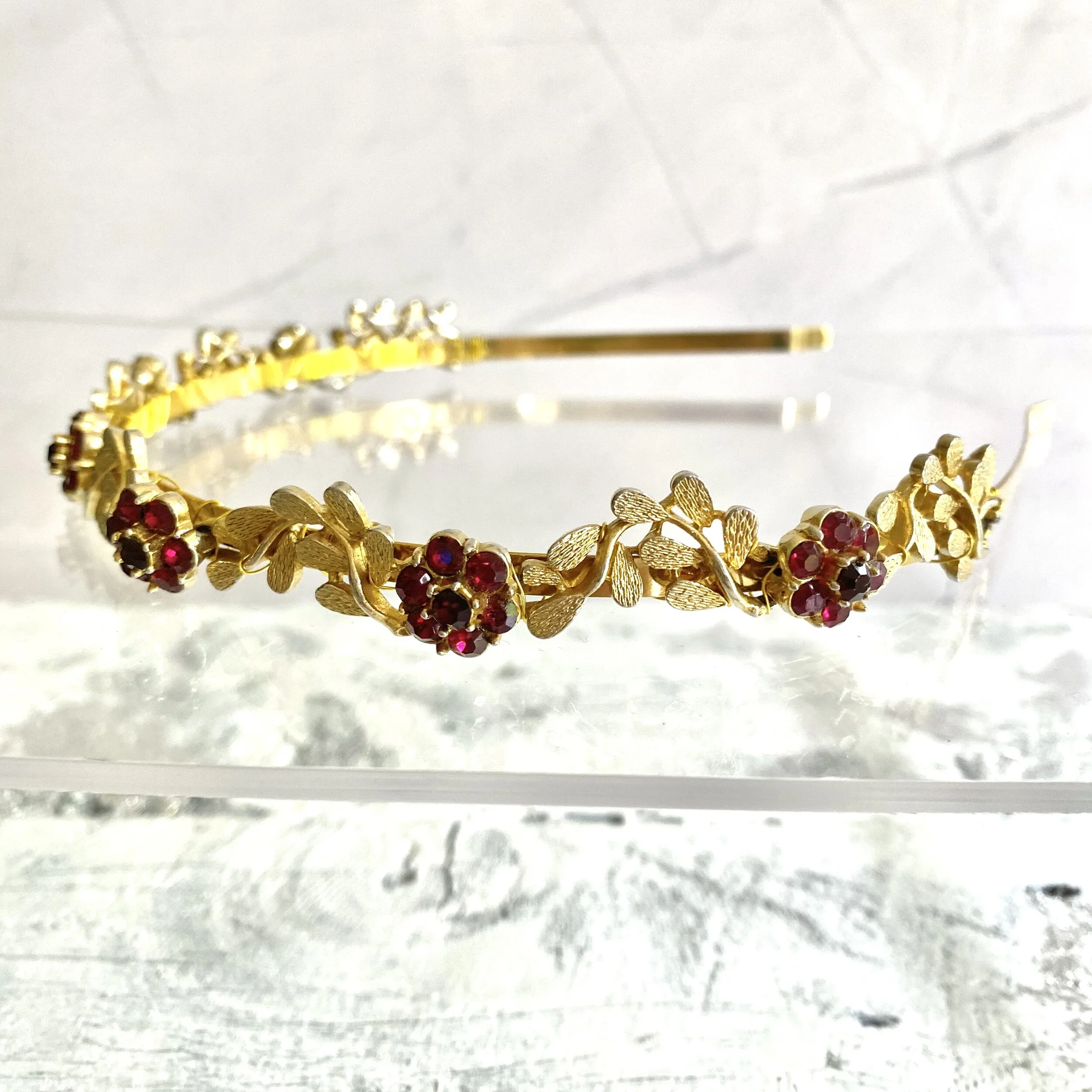 Vintage 1950s Red Rhinestone Flower Tiara — Vintage Hair Accessories by ...