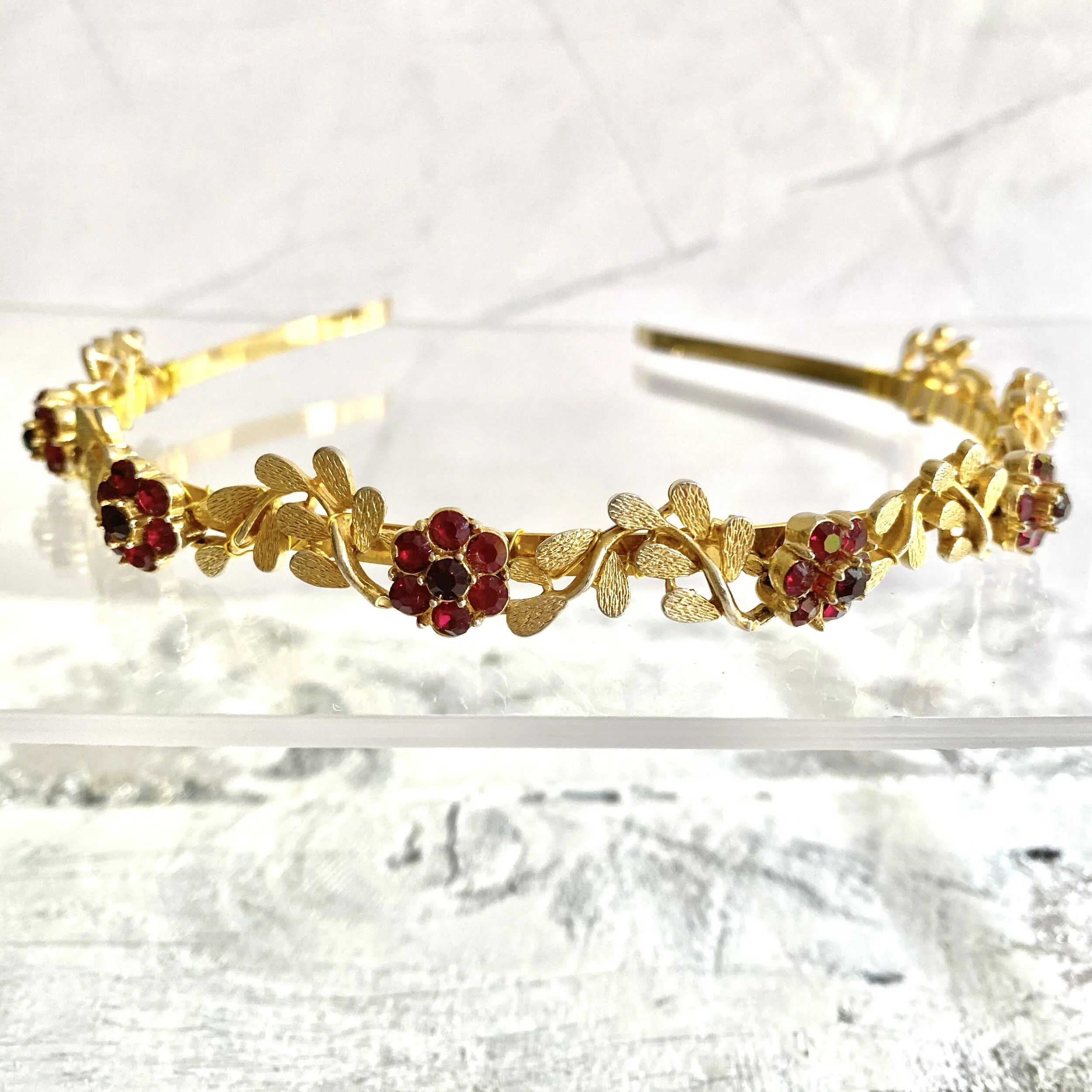 Vintage 1950s Red Rhinestone Flower Tiara — Vintage Hair Accessories by ...