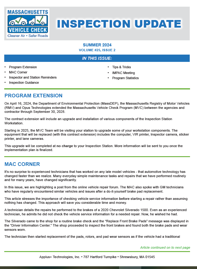 Inspection Update Newsletter — Mass Vehicle Check