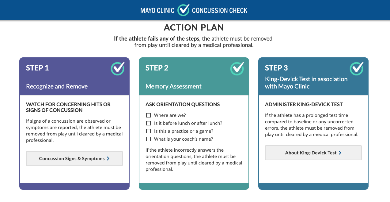 Three Step "Concussion Check" Protocol by the Mayo Clinic — Concussion ...
