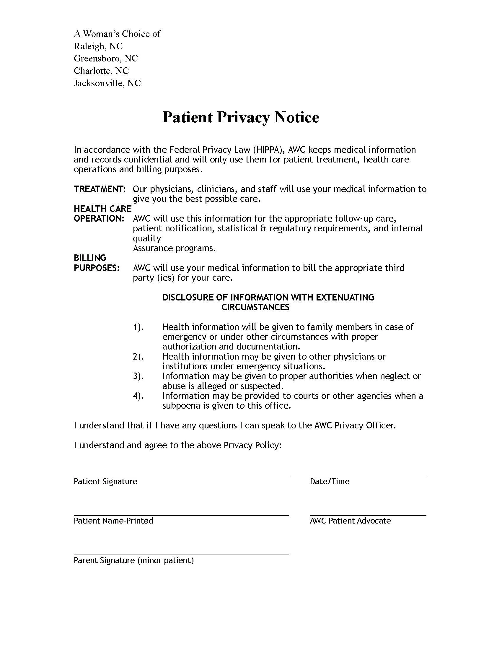 Patient Privacy Notice — A Woman's Choice | Abortion Clinics
