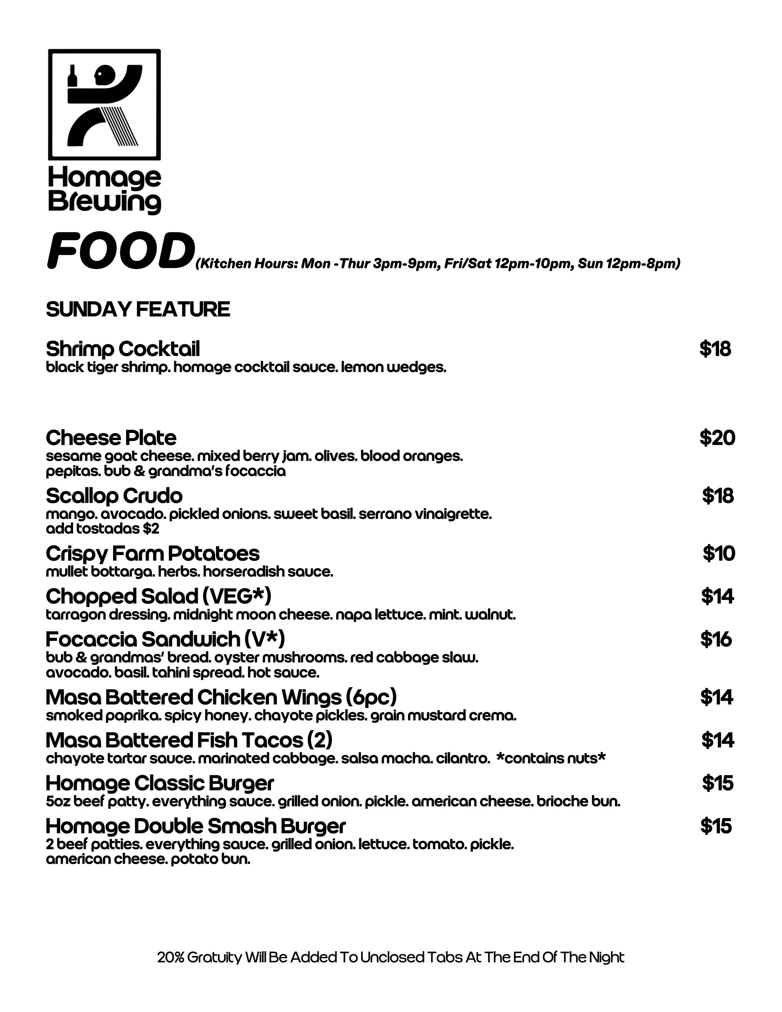 Chinatown Menus — Homage Brewing