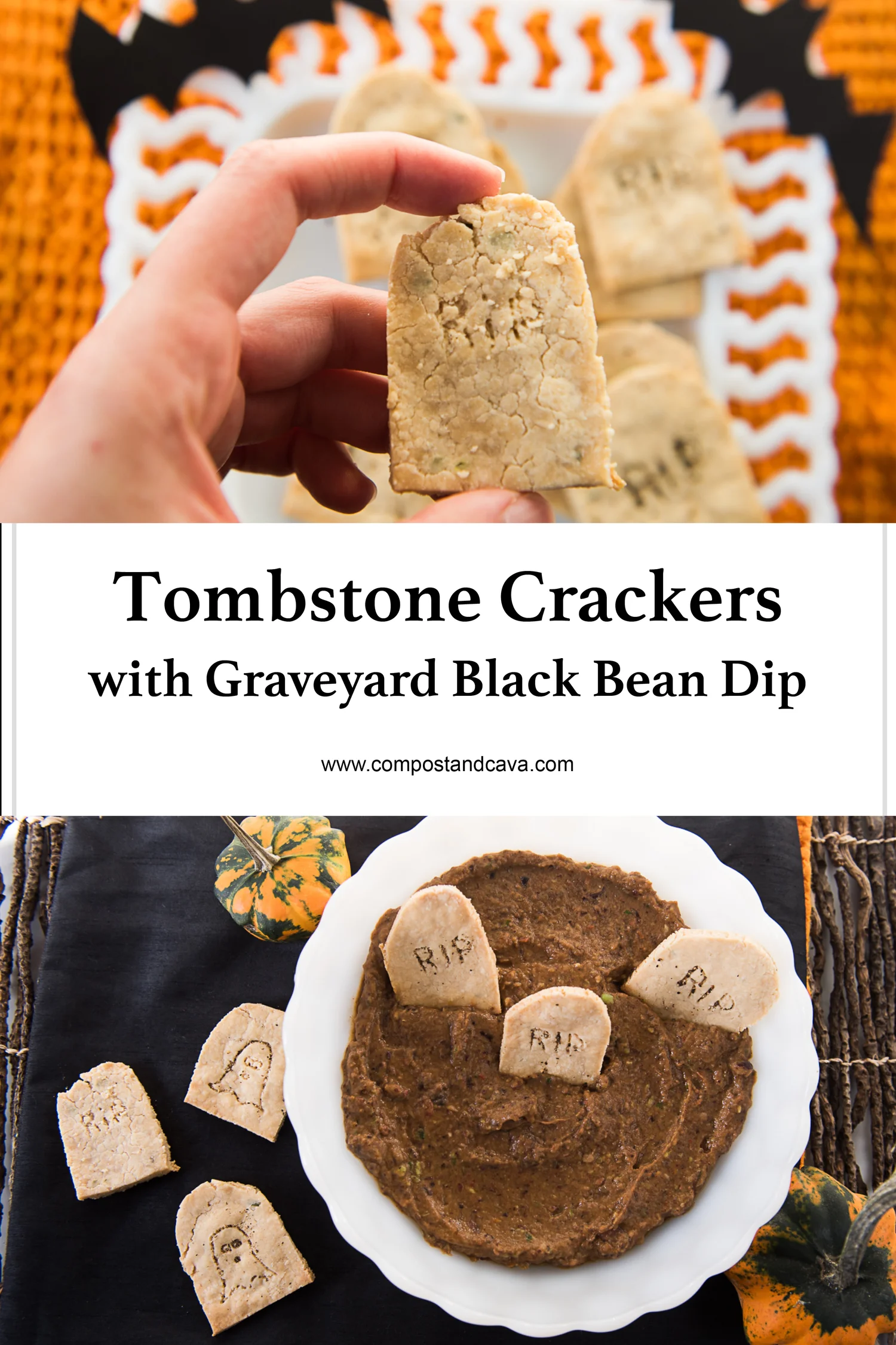 Graveyard Spicy Bean Dip with Savory Tombstone Crackers — Compost and Cava