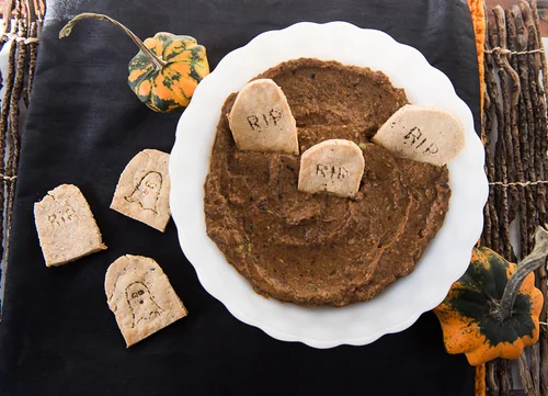Graveyard Spicy Bean Dip with Savory Tombstone Crackers — Compost and Cava