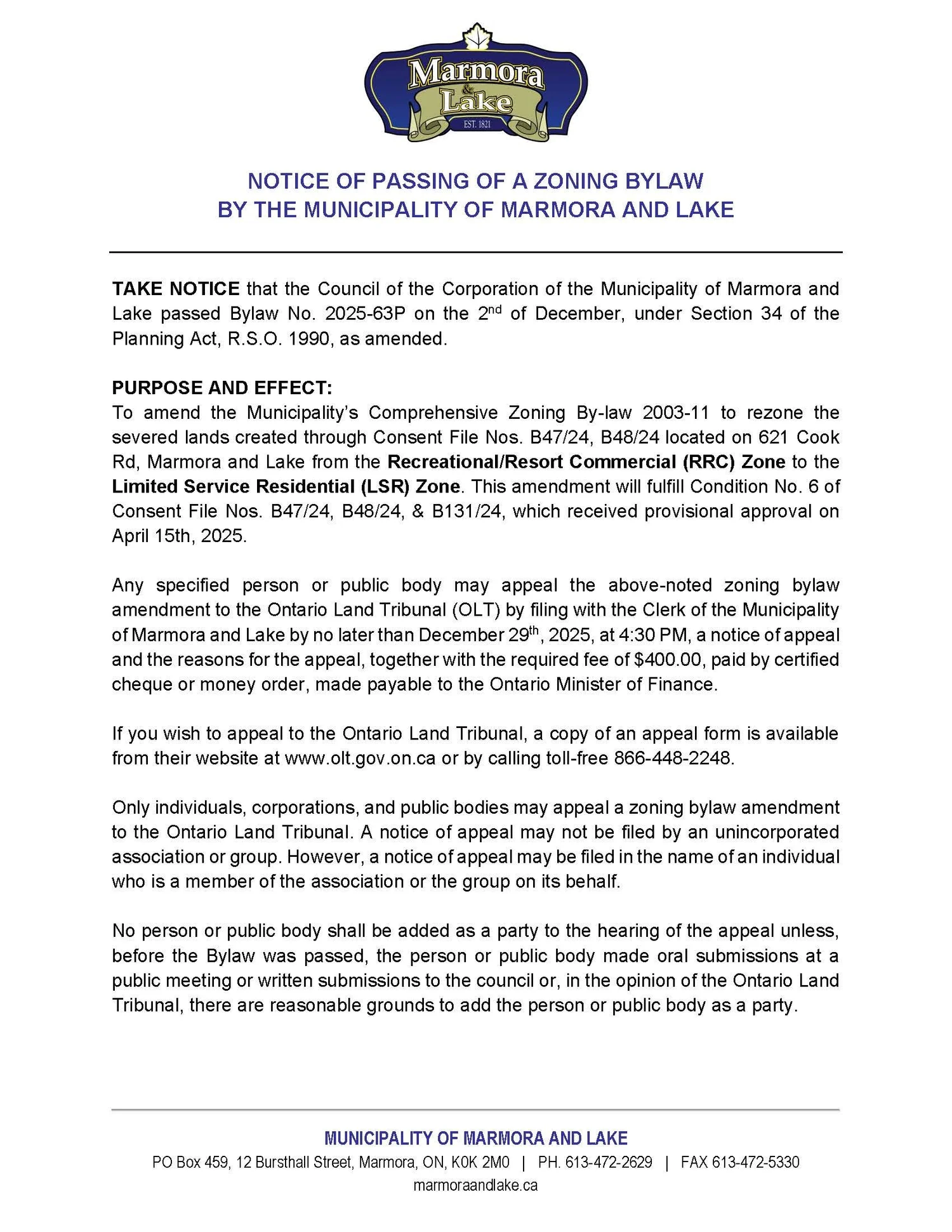Notice of Passing of a Zoning Bylaw Amendment 2025-63P — Municipality ...