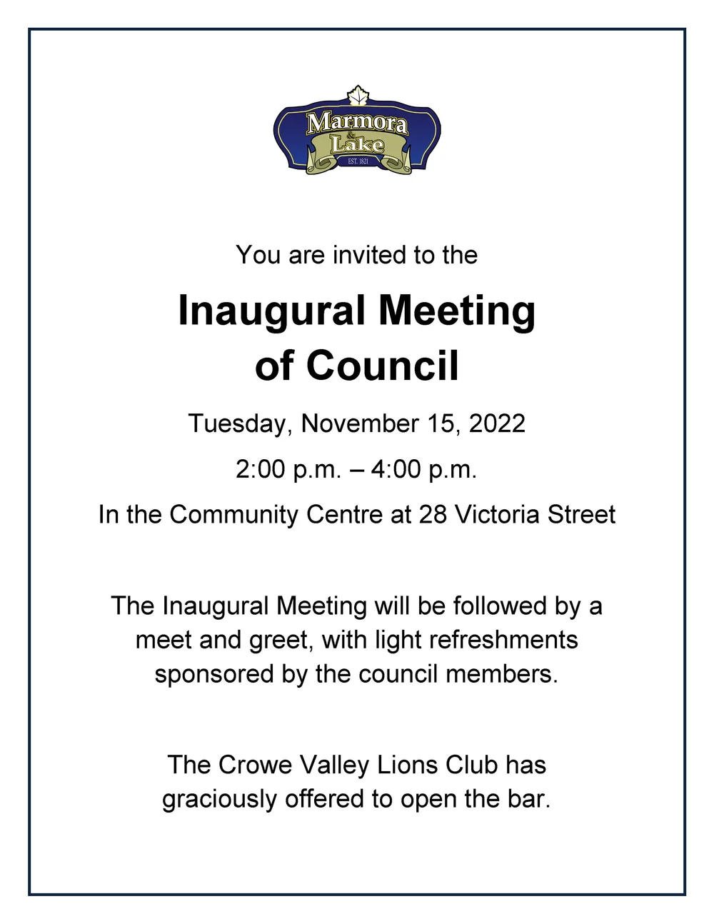 You are invited to the Inaugural Meeting of Council — Municipality of Marmora and Lake