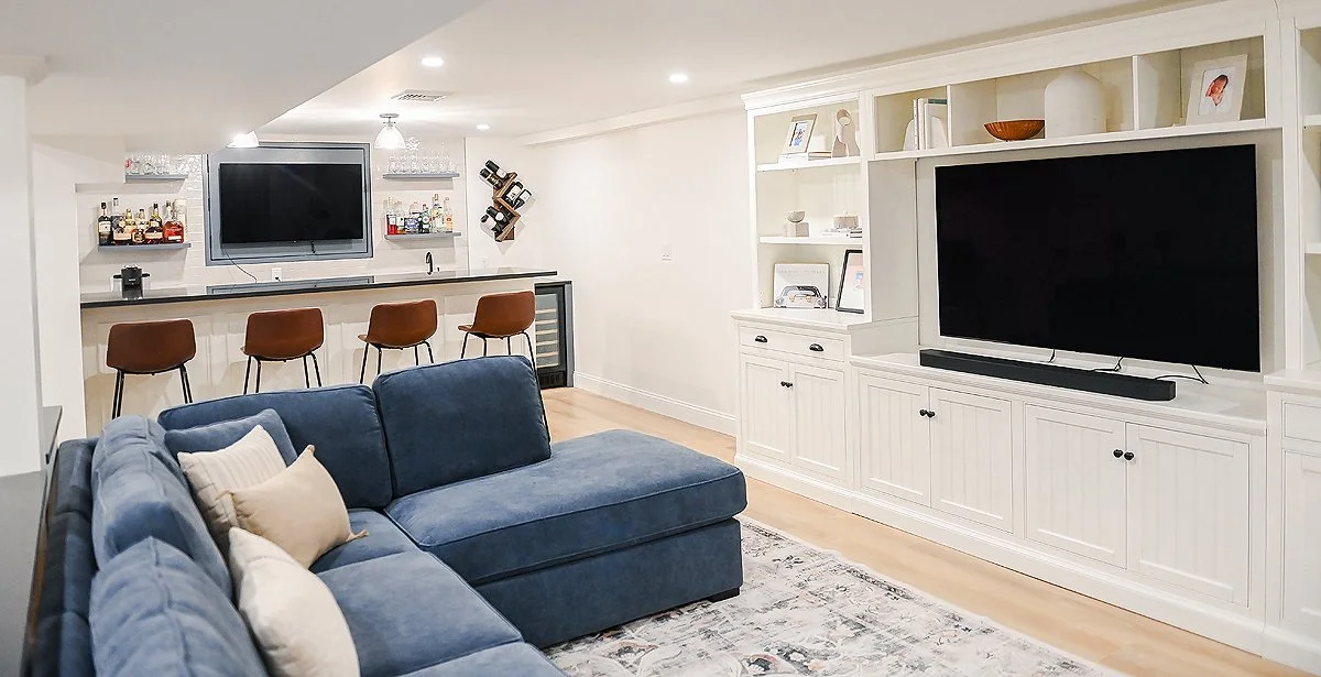 Basement Renovation - Basement Bar and Office- Bergen County NJ designer