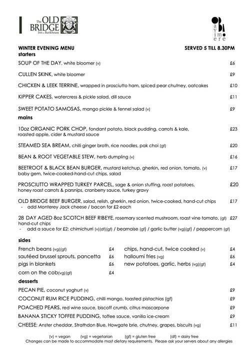 Menus — Old Bridge Inn & Rooms