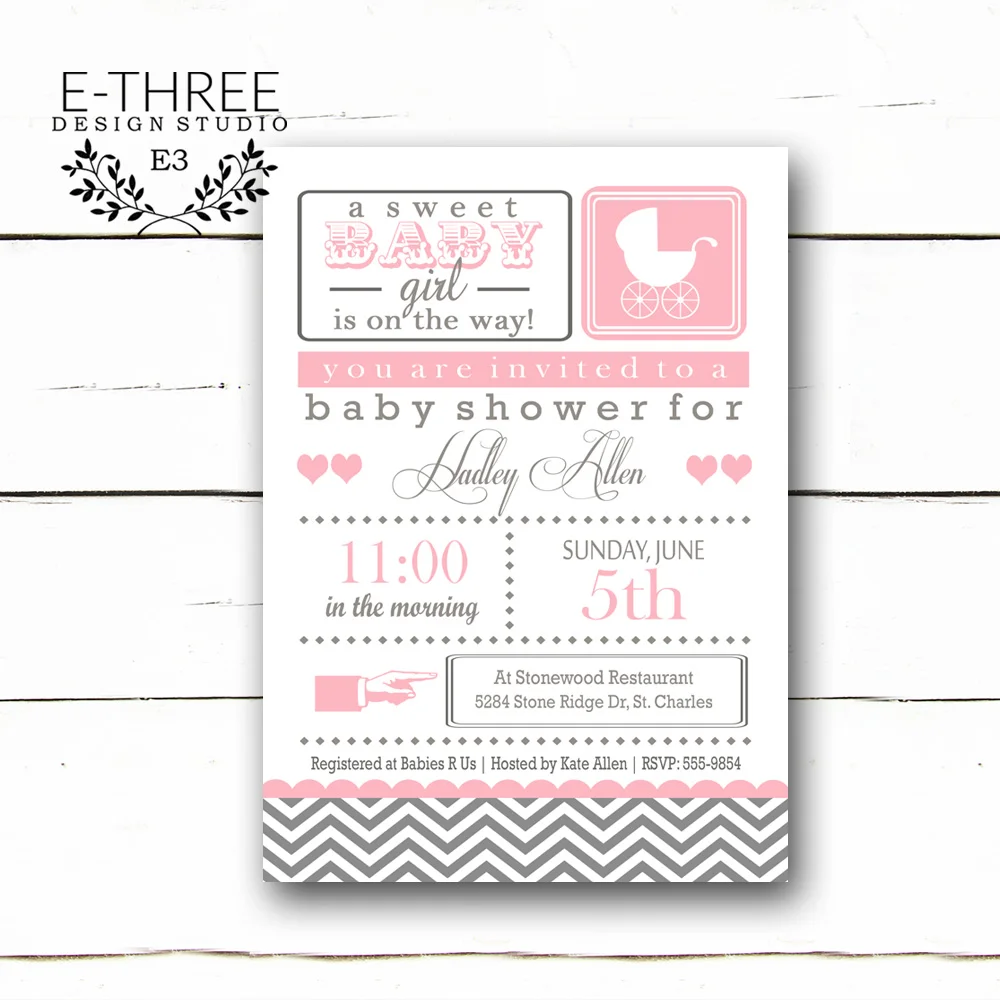 Pink And Grey Chevron Baby Shower Invitations