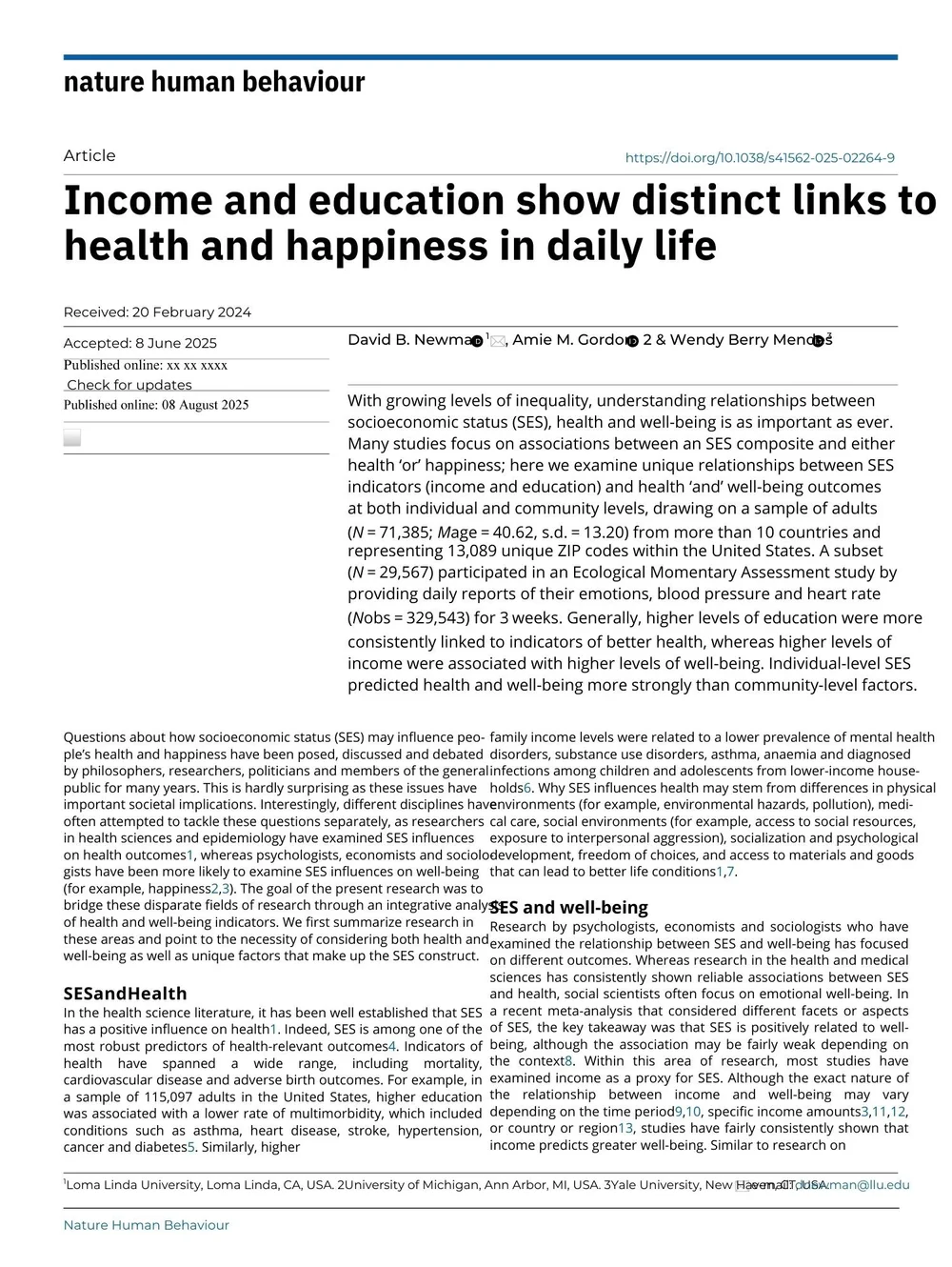 New Publication on Socioeconomic Status and Well-Being in Nature Human ...
