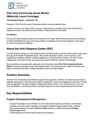 Open position: Part-Time Community Social Worker — Irish Diaspora ...