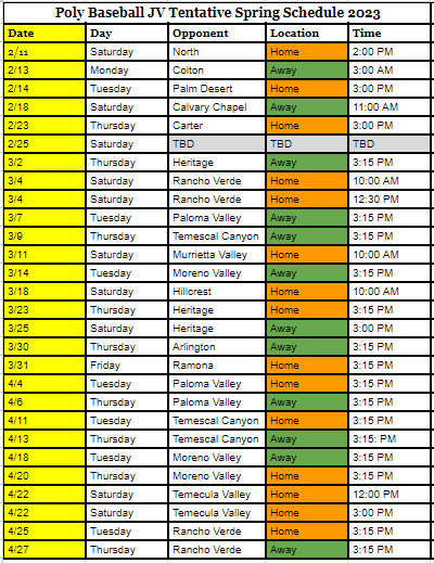 Game Schedule — Riverside Poly Baseball