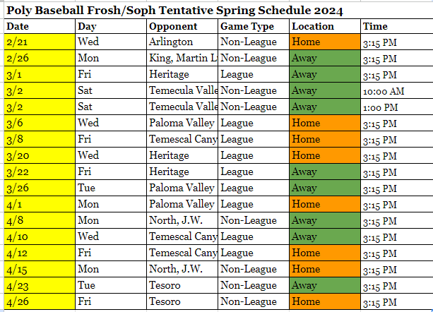 Game Schedule — Riverside Poly Baseball