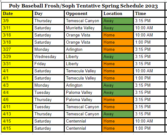 Game Schedule — Riverside Poly Baseball
