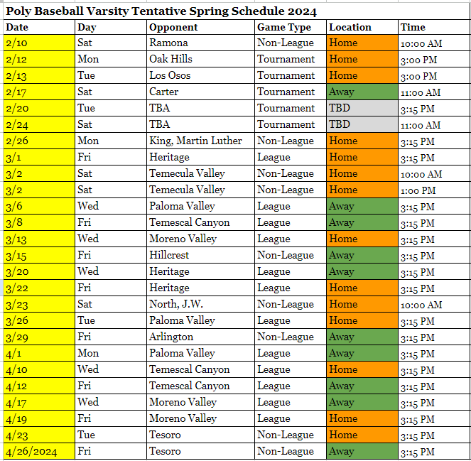 Game Schedule — Riverside Poly Baseball