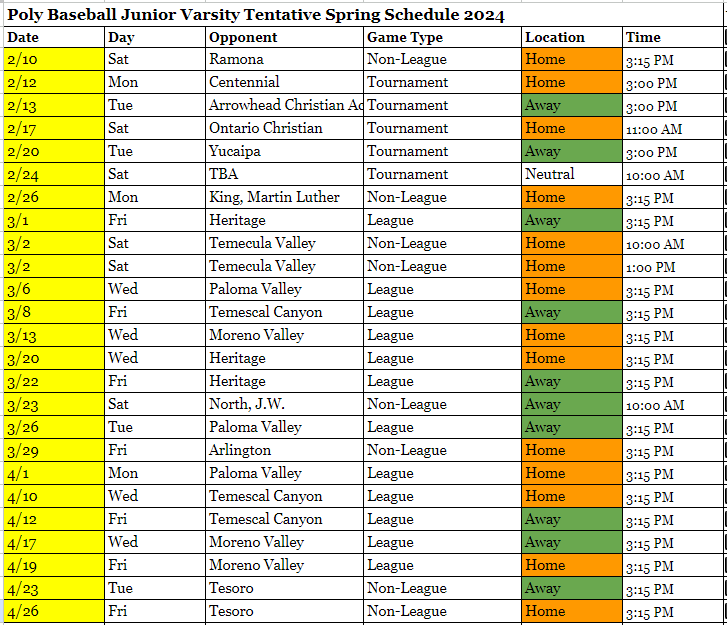 Game Schedule — Riverside Poly Baseball