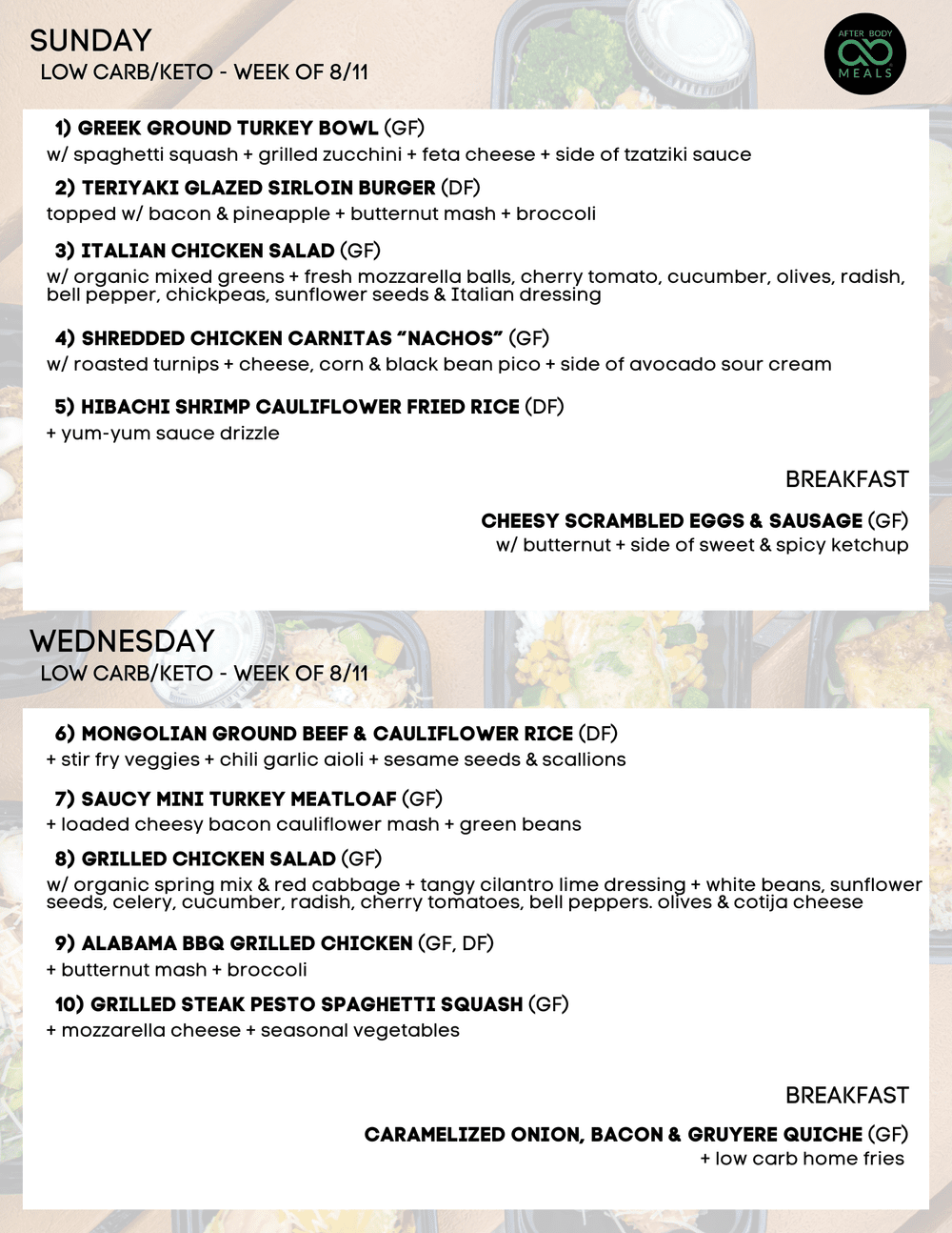 Low Carb/Keto Friendly Menu — After Body Meals