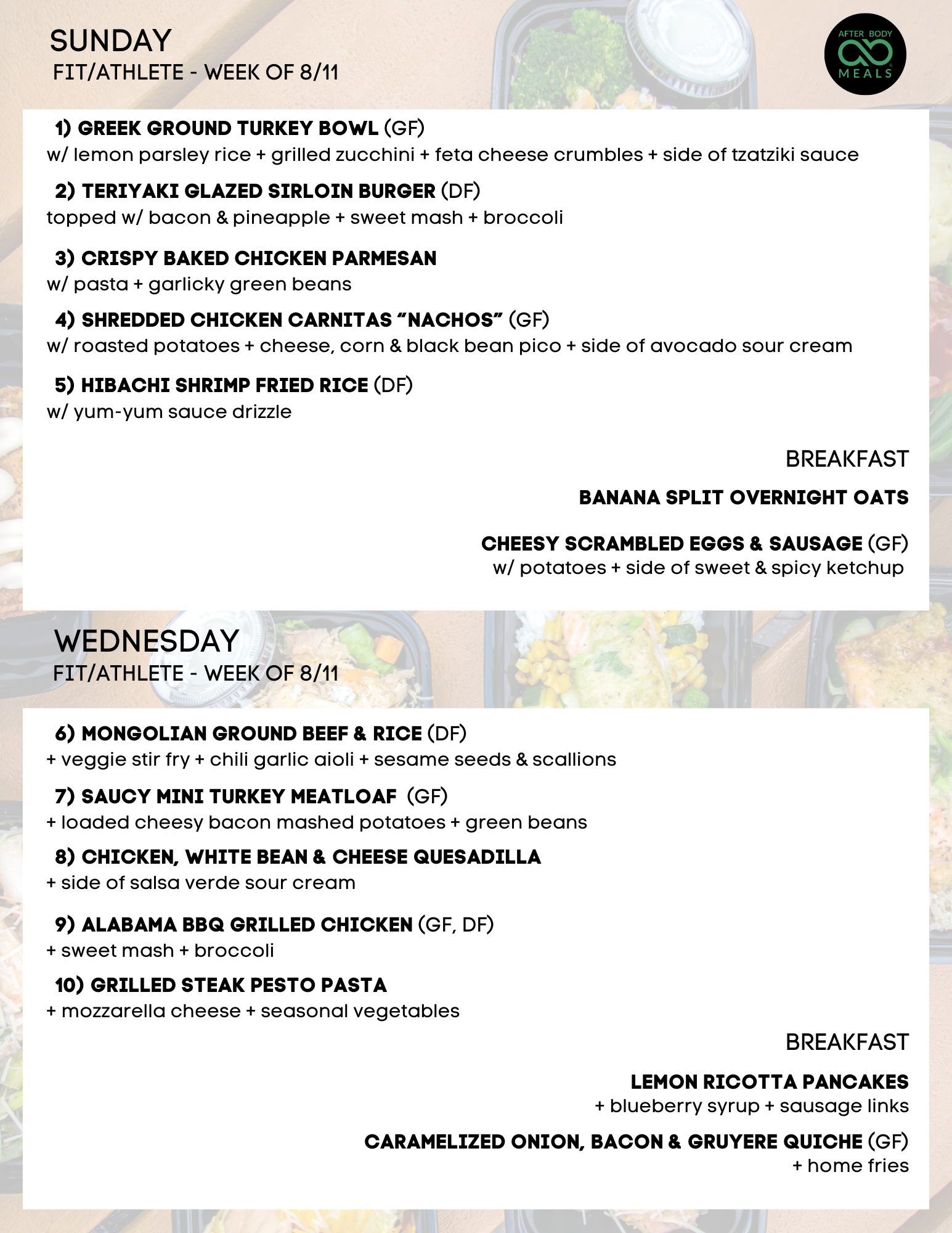 Fit/Athlete Menu — After Body Meals