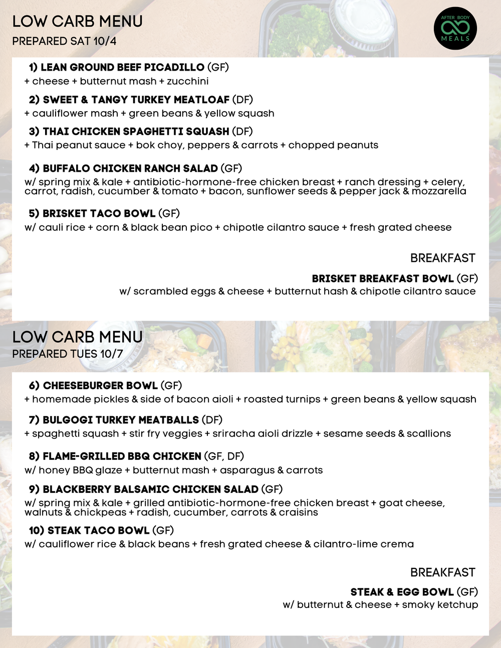 Low Carb Menu — After Body Meals