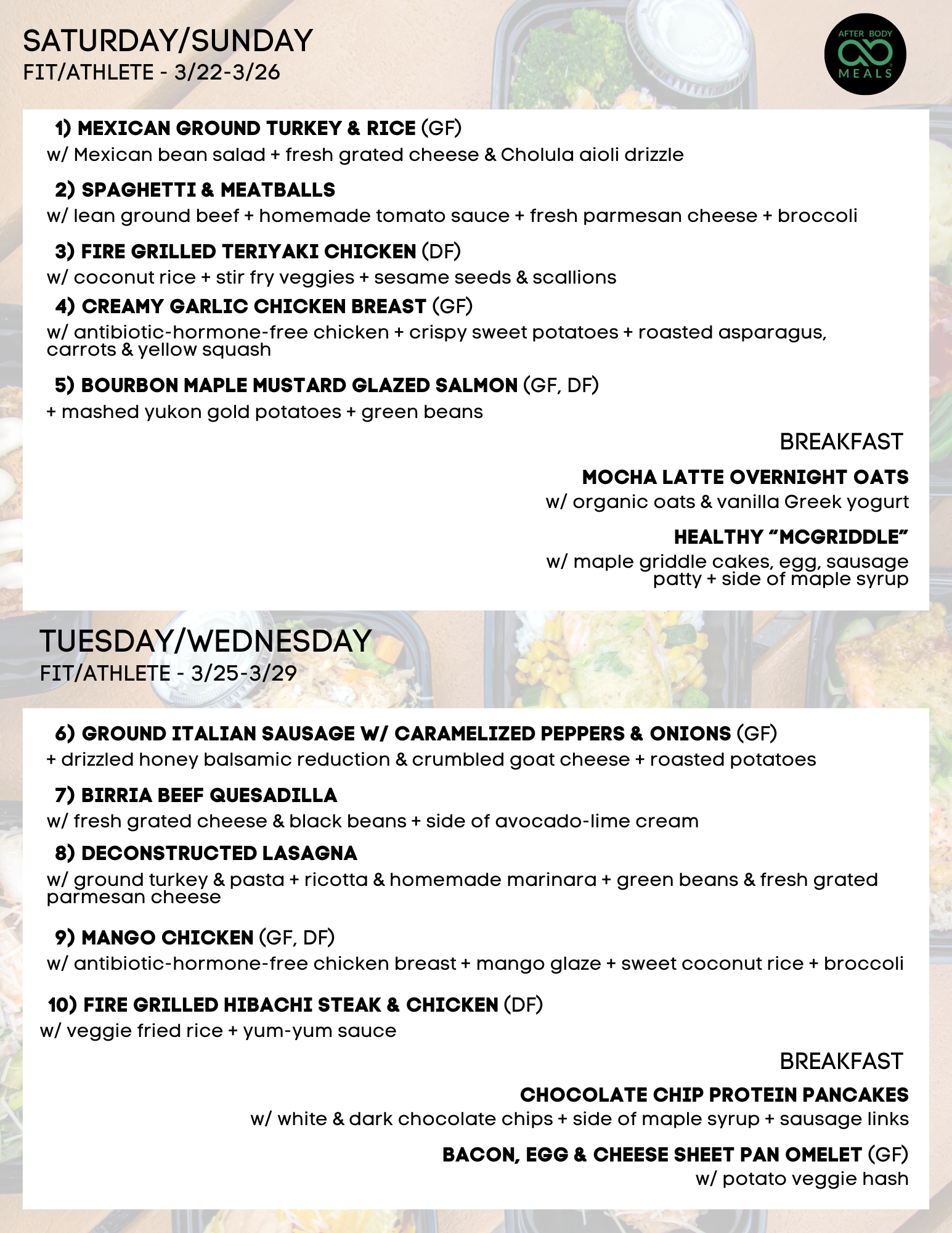 Fit/Athlete Menu — After Body Meals