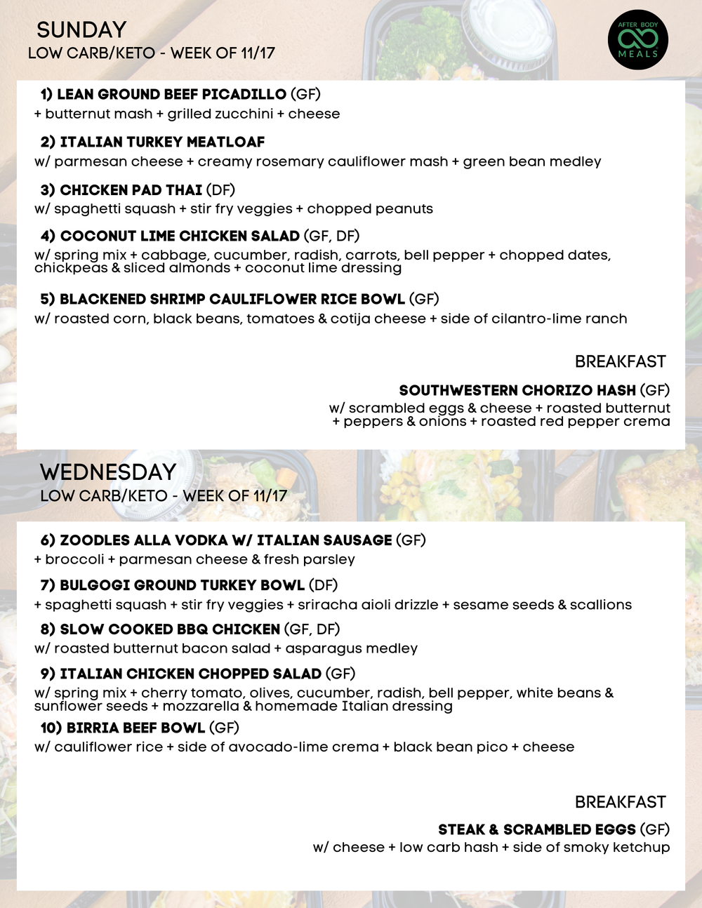 Low Carb/Keto Friendly Menu — After Body Meals