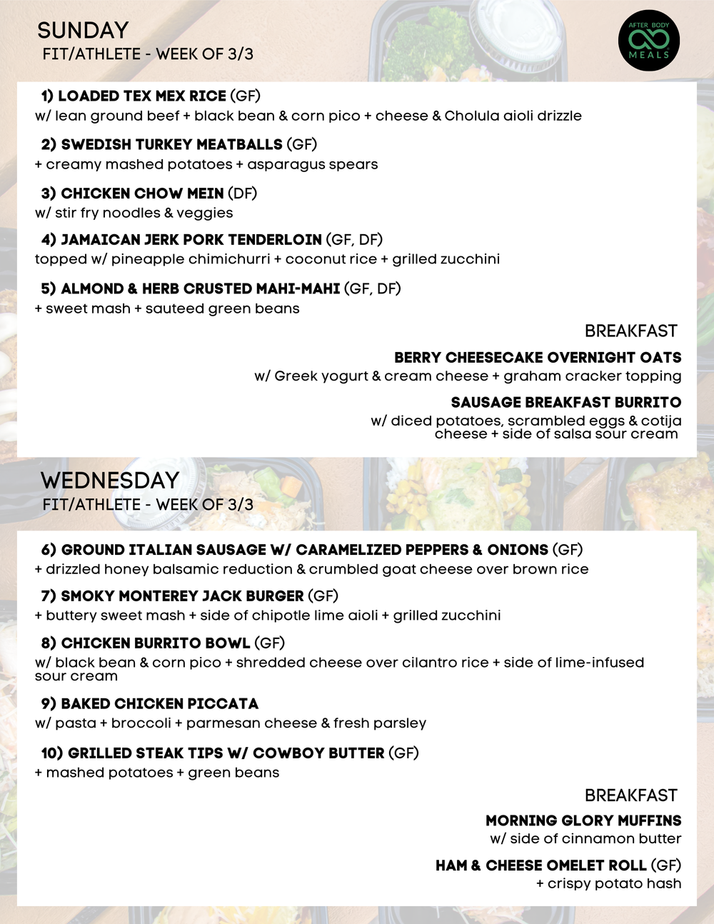 Fit/Athlete Menu — After Body Meals