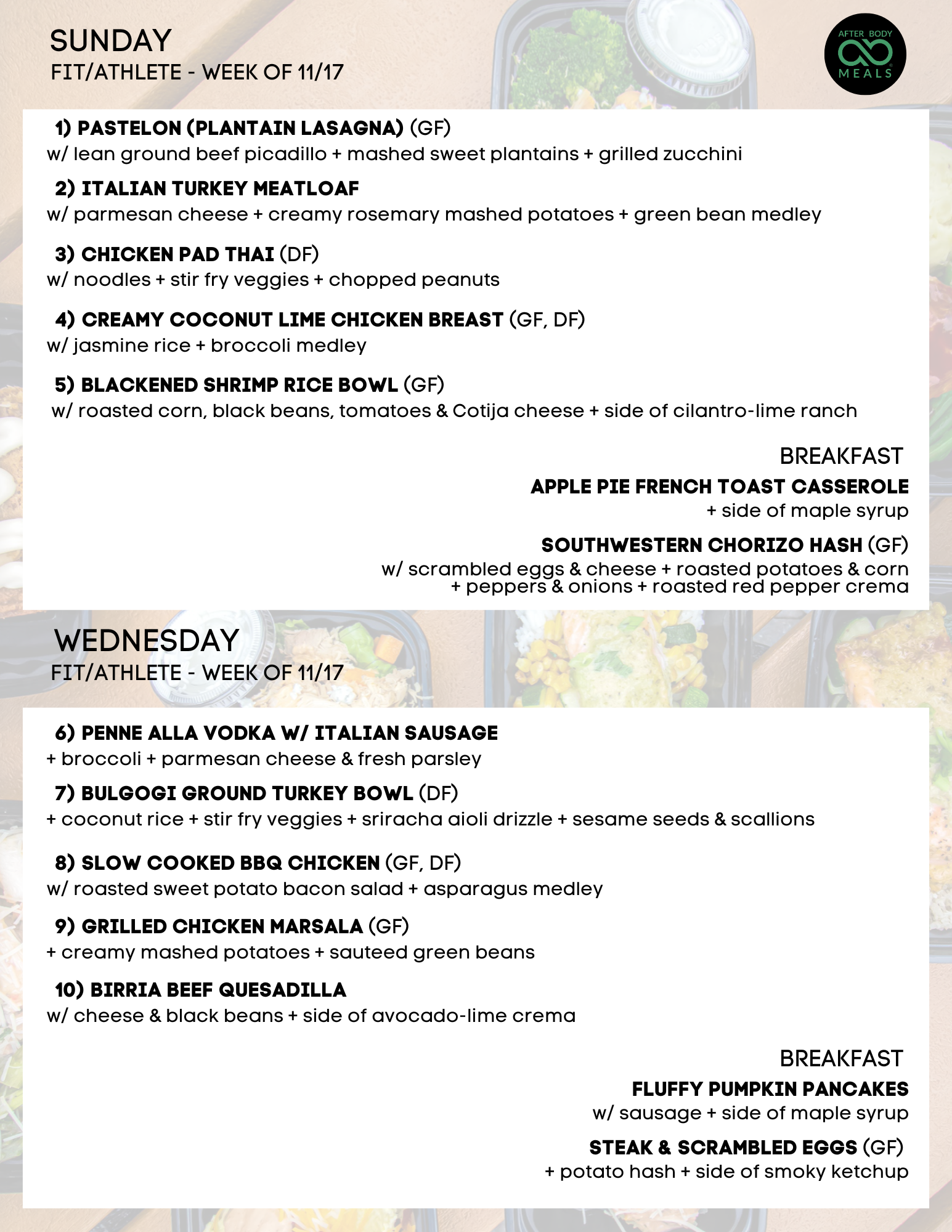 Fit/Athlete Menu — After Body Meals