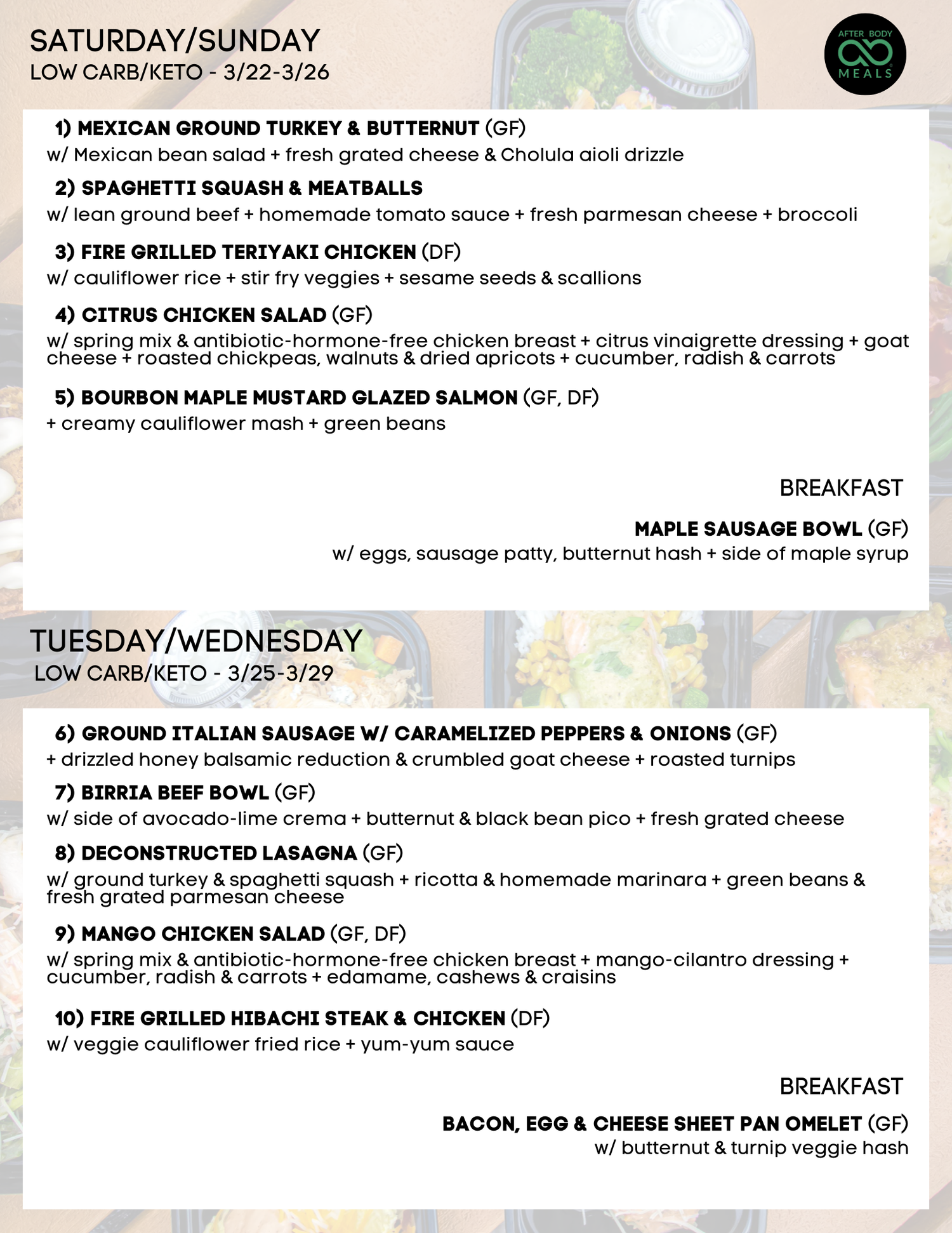 Low Carb/Keto Friendly Menu — After Body Meals
