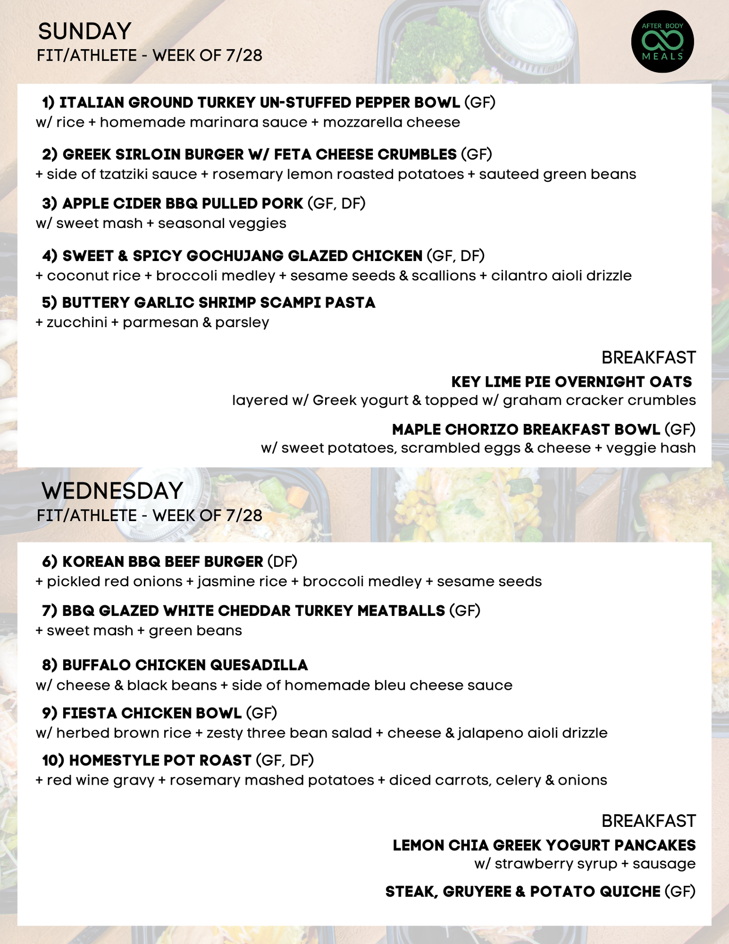Fit/Athlete Menu — After Body Meals