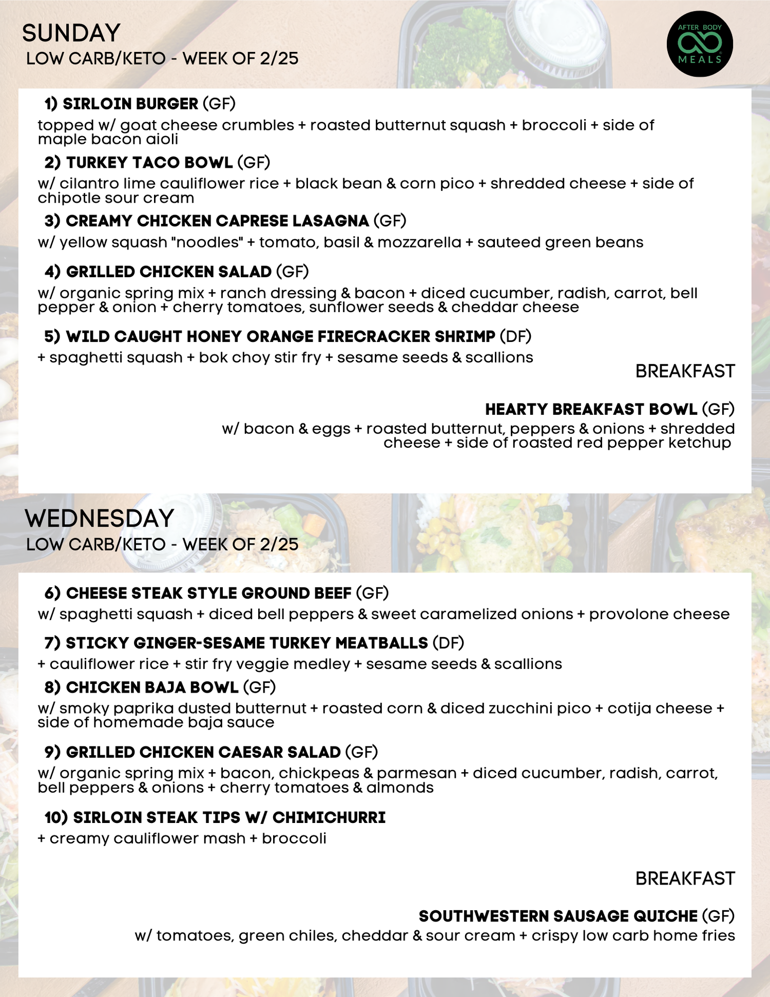 Low Carb/Keto Friendly Menu — After Body Meals