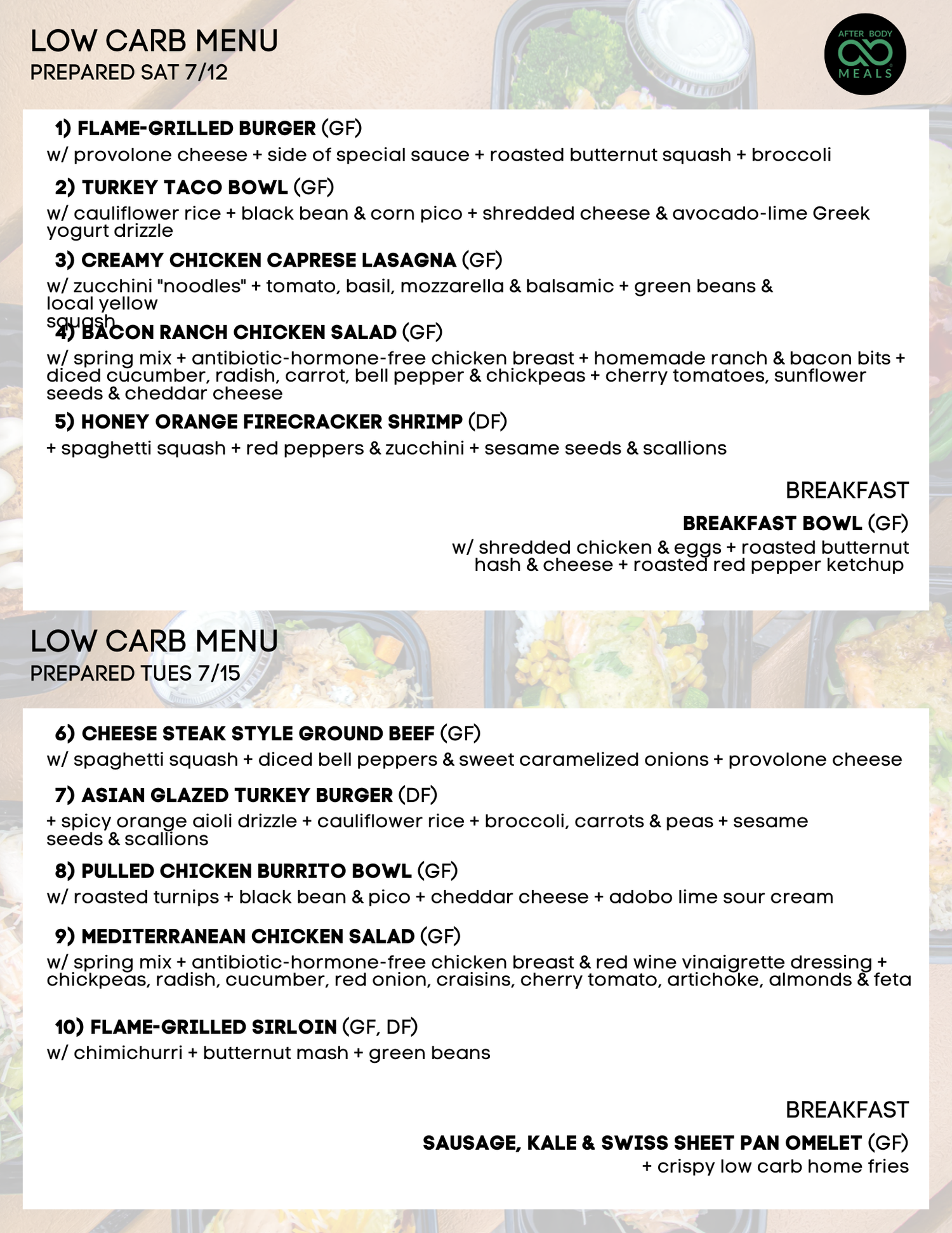 Low Carb Menu — After Body Meals