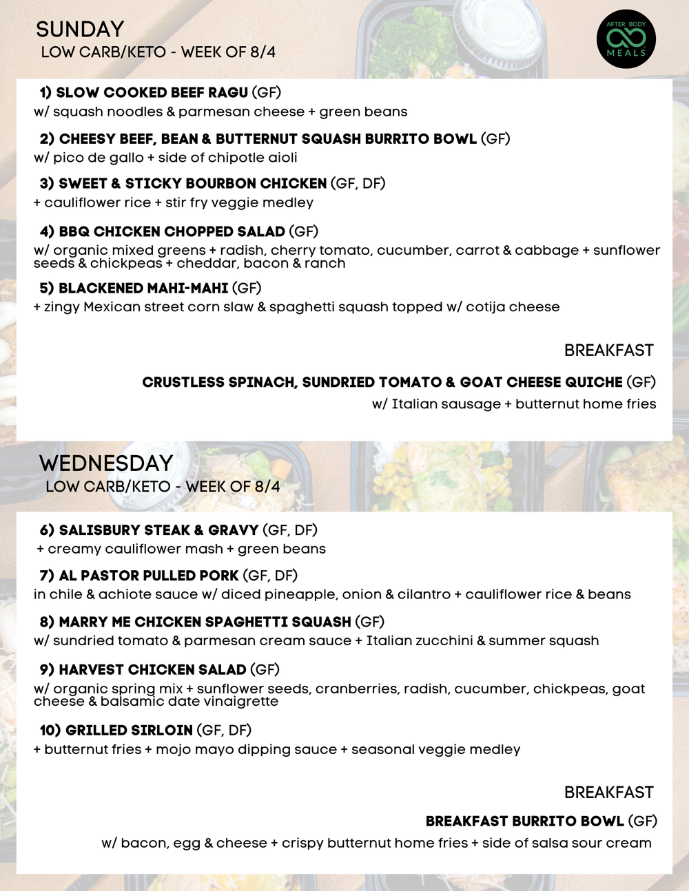 Low Carb/Keto Friendly Menu — After Body Meals