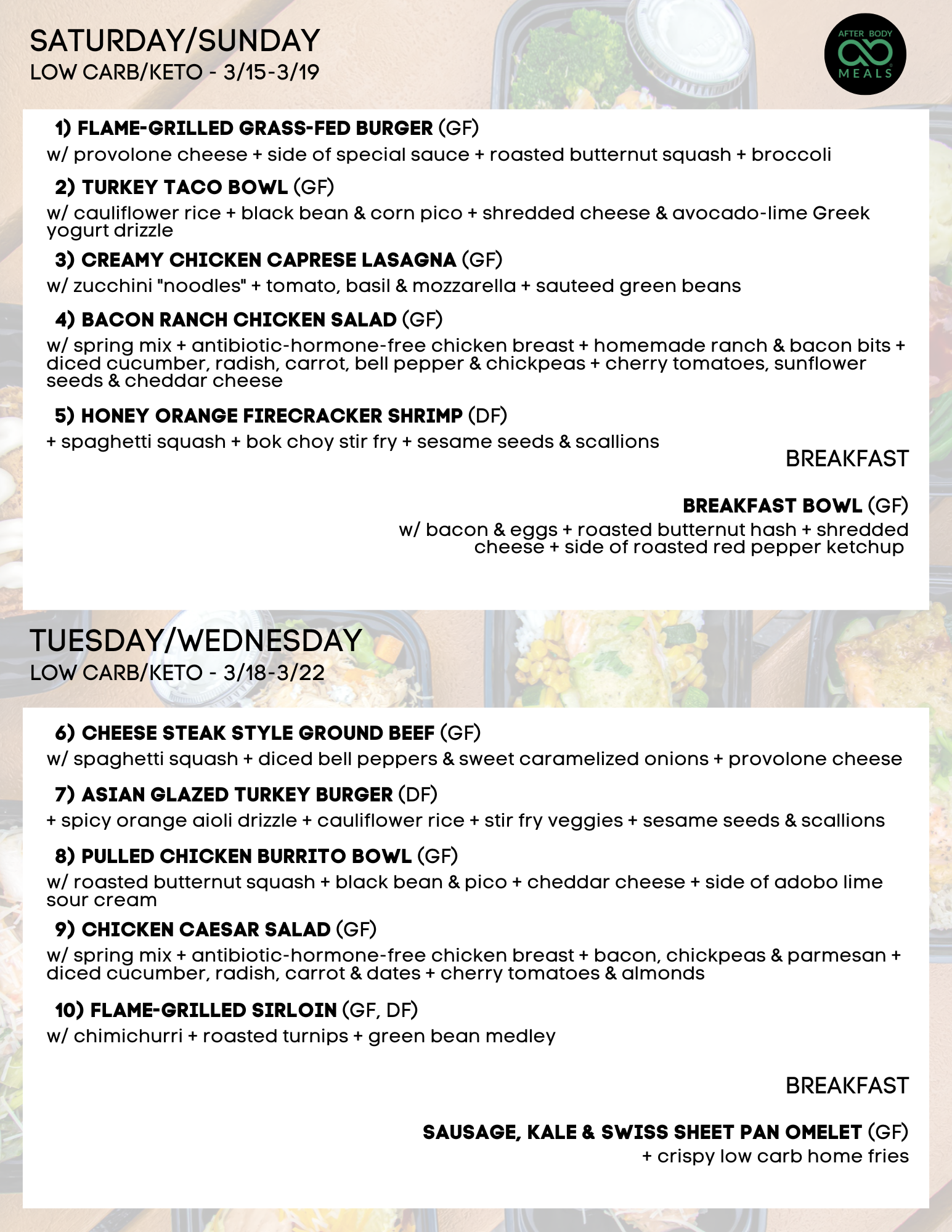 Low Carb/Keto Friendly Menu — After Body Meals