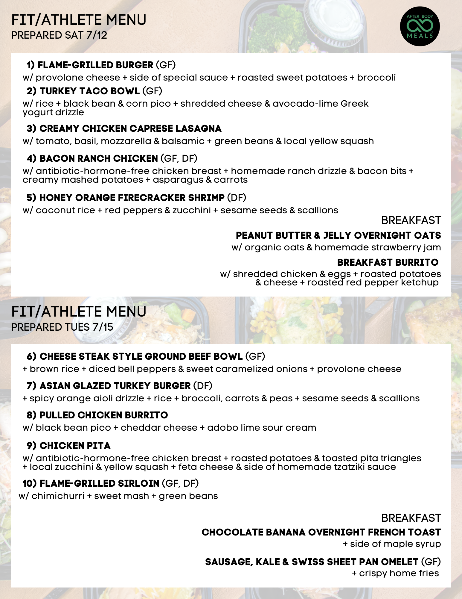 Fit/Athlete Menu — After Body Meals