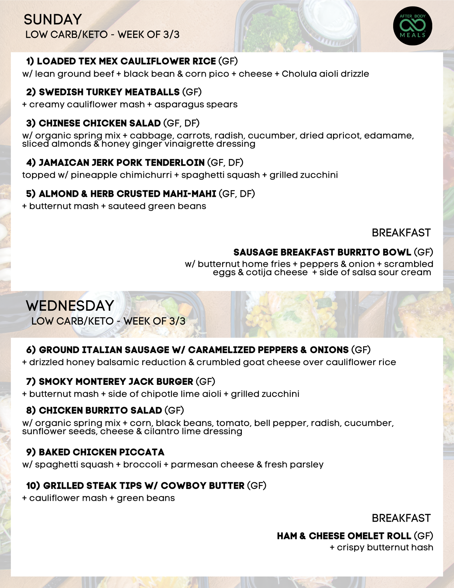 Low Carb/Keto Friendly Menu — After Body Meals