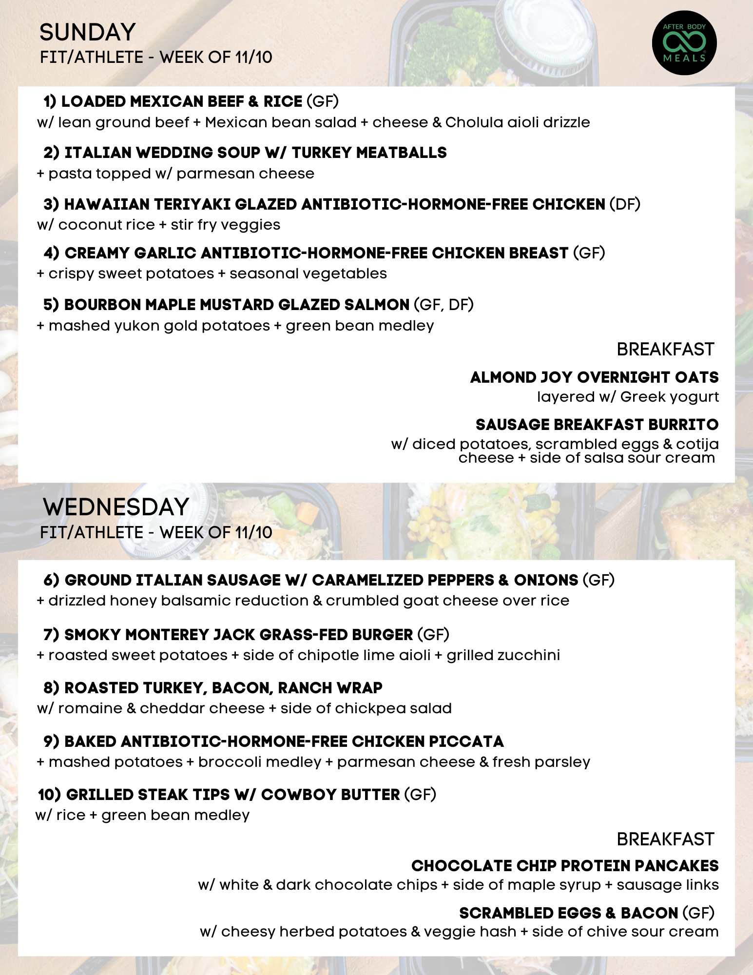 Fit/Athlete Menu — After Body Meals