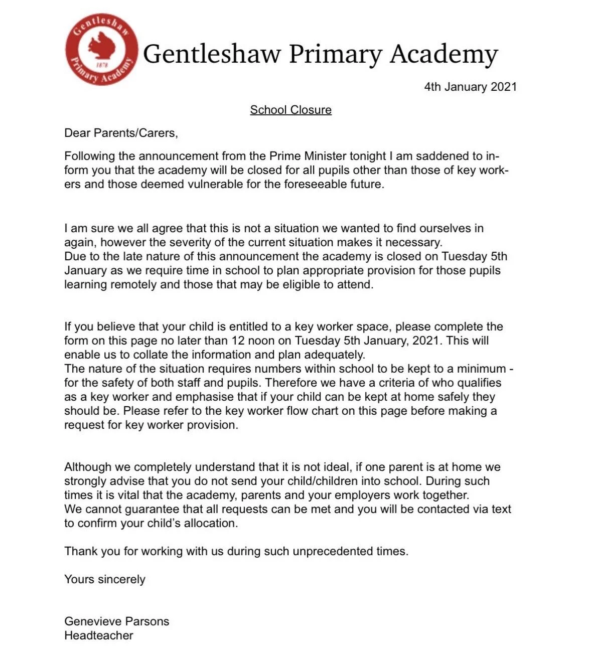 School closure January 2021 — Gentleshaw Primary Academy