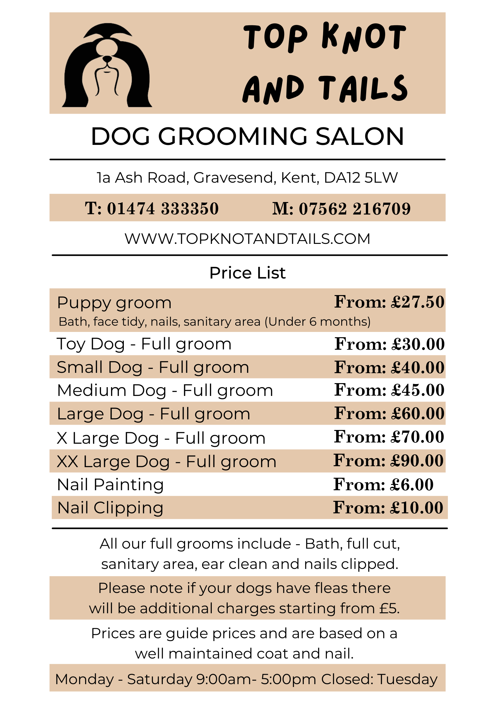 Pricing & Work Hours — TOP KNOT AND TAILS GRAVESEND