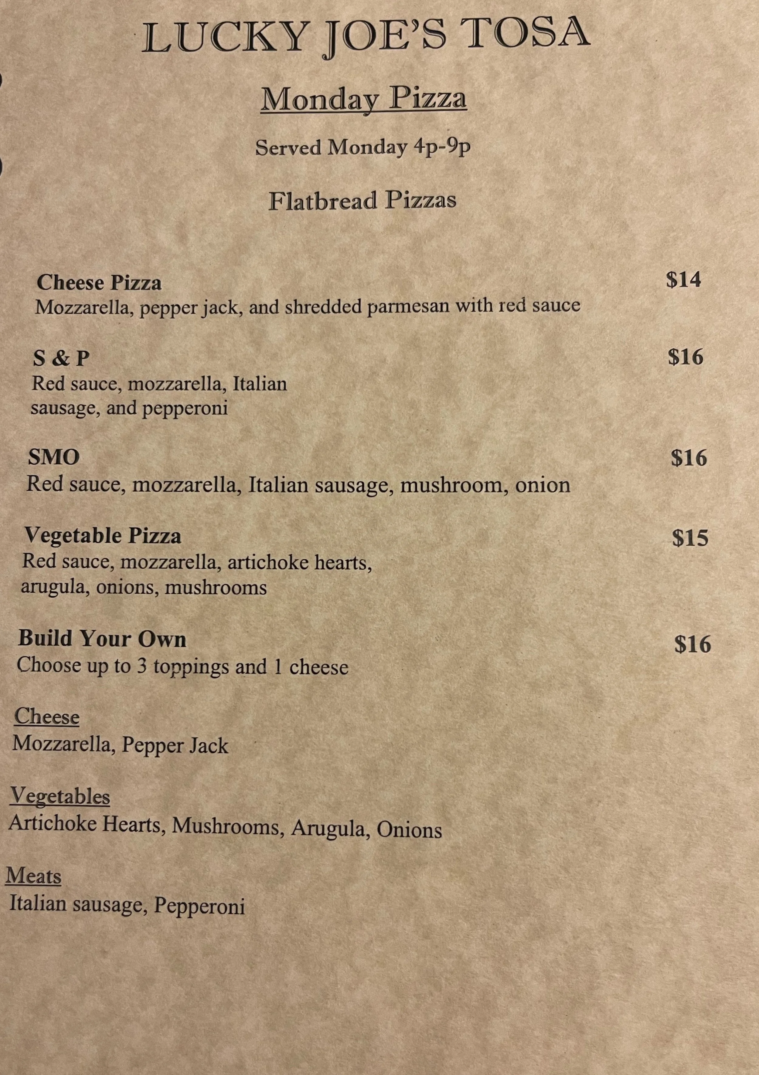 Daily Specials — Lucky Joe's Tosa